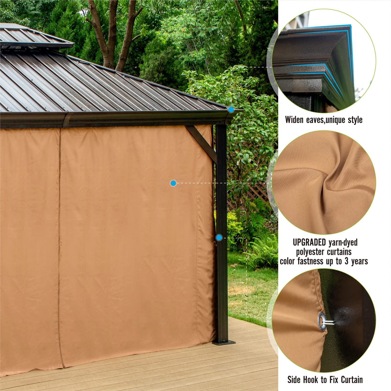 MFSTUDIO 10' x 12' Hardtop Gazebo with Curtains and Netting,Outdoor Polycarbonate Double Roof Canopy, Aluminum Frame Permanent Pavilion for Patios,Gardens,Lawns (Brown)