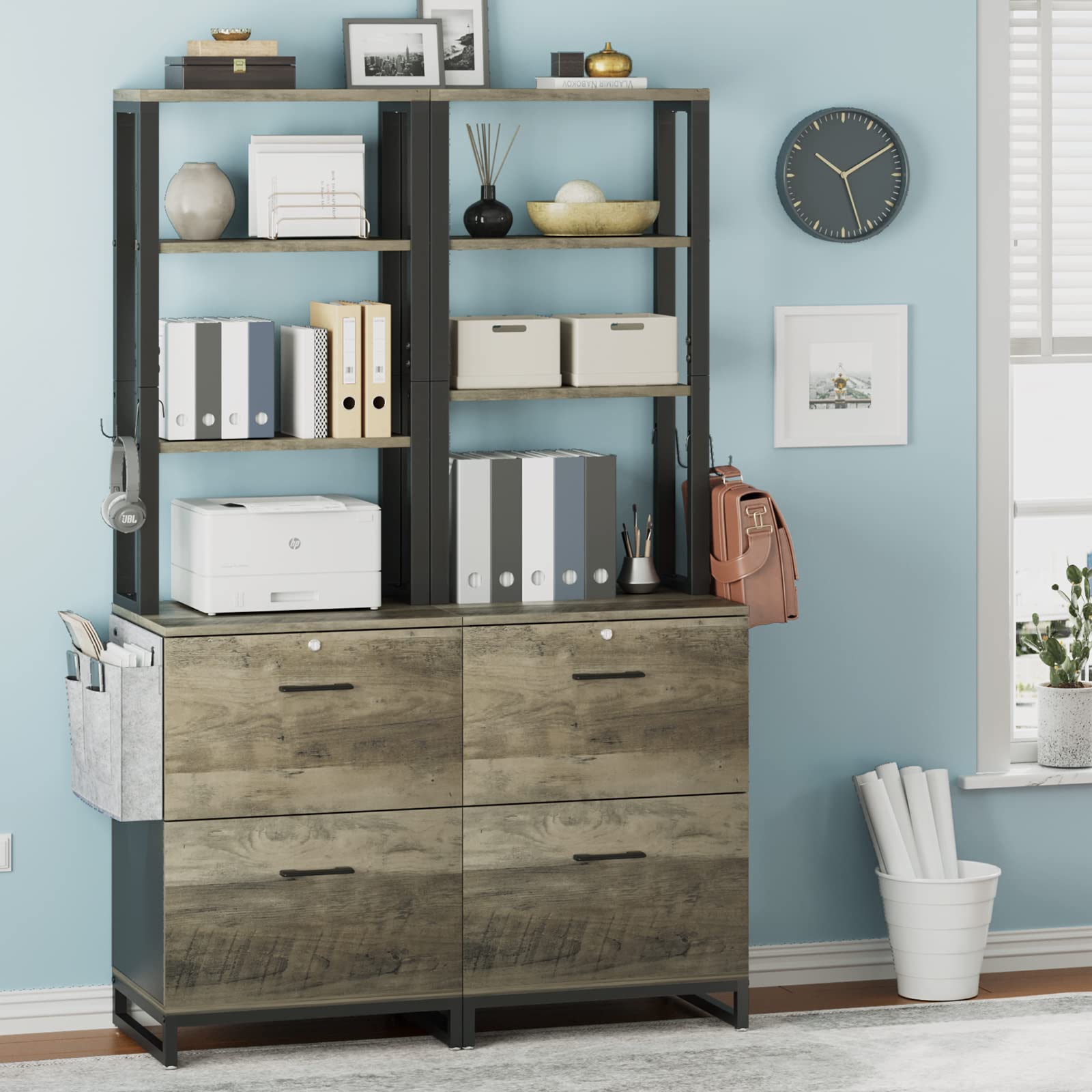 Itaar 2 Drawer File Cabinet with Lock, Fits Letter, Legal, A4 Size, Hanging File Folders, Home Office with Adjustable Storage Shelf and Hook, Oak Grey