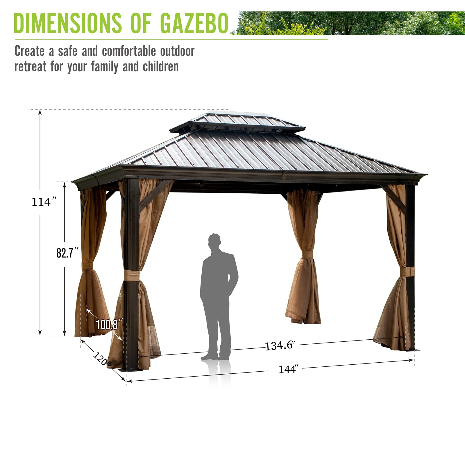 MFSTUDIO 10' x 12' Hardtop Gazebo with Curtains and Netting,Outdoor Polycarbonate Double Roof Canopy, Aluminum Frame Permanent Pavilion for Patios,Gardens,Lawns (Brown)