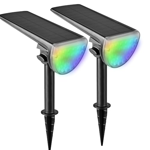 CASAZERO Solar Landscape Spotlights, Color Changing RGB Landscape Path Lights with 24LEDs 6500K 600LM Waterproof Tree Lights Solar Halloween Lights-2 Pack