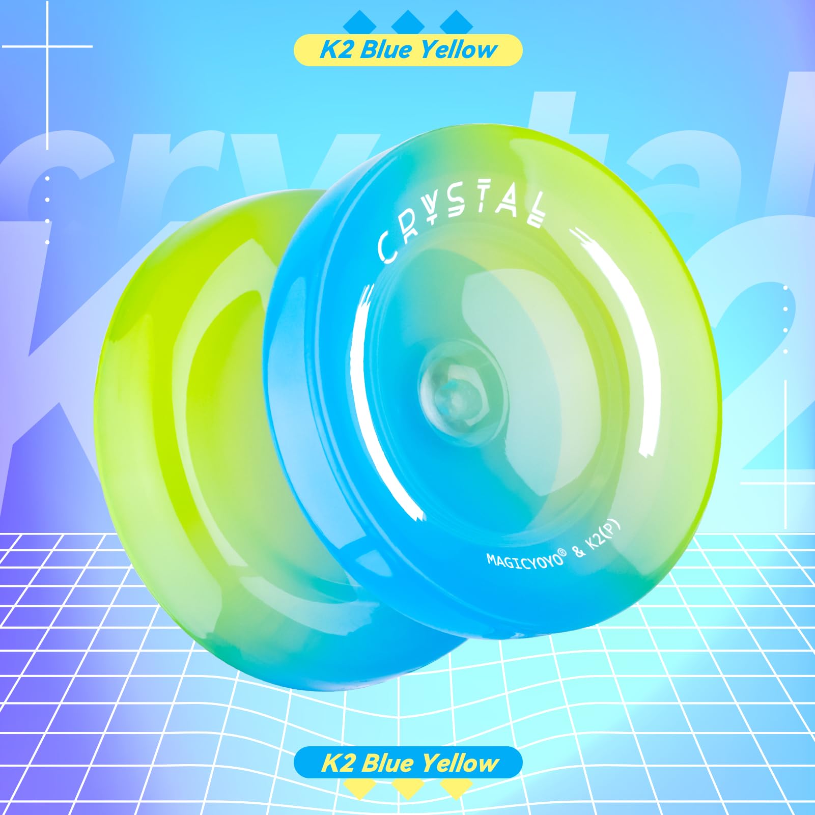 Yoyo K2 Crystal - Professional Responsive Yoyo for Kids Beginners, Dual Purpose Yo-Yo for Advanced + Extra Unresponsive Yo Yo Bearing + 12 Yoyo Strings+Storage Bag + Removal Tool ( SkyBlue Yellow)