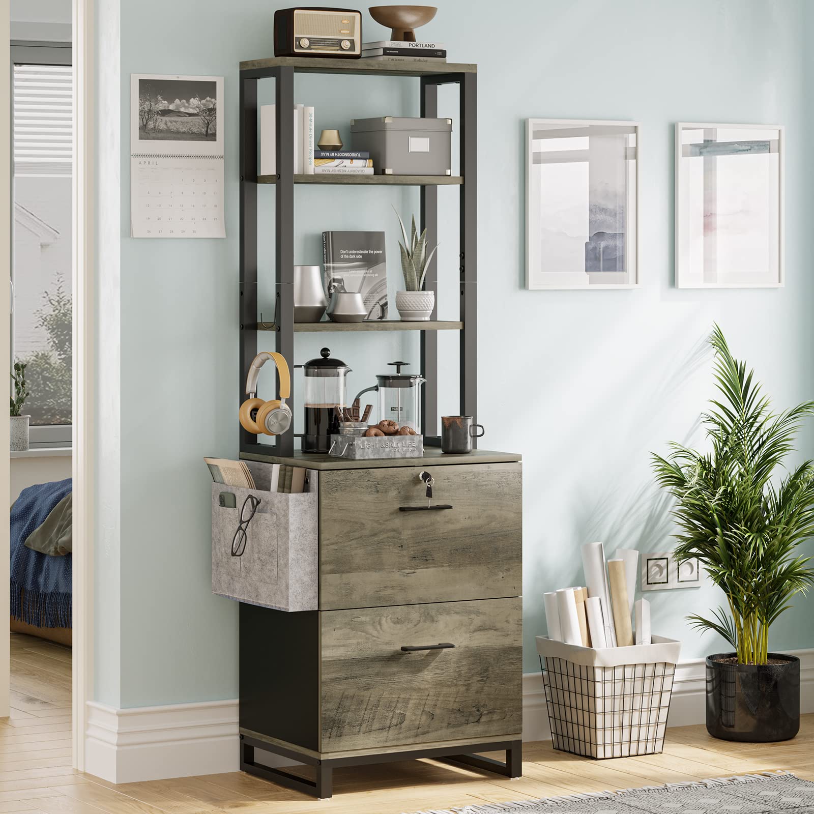 Itaar 2 Drawer File Cabinet with Lock, Fits Letter, Legal, A4 Size, Hanging File Folders, Home Office with Adjustable Storage Shelf and Hook, Oak Grey