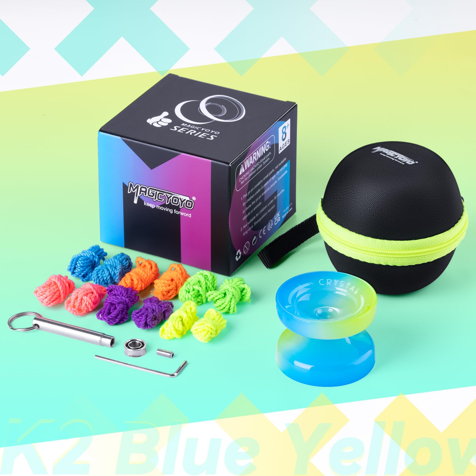 Yoyo K2 Crystal - Professional Responsive Yoyo for Kids Beginners, Dual Purpose Yo-Yo for Advanced + Extra Unresponsive Yo Yo Bearing + 12 Yoyo Strings+Storage Bag + Removal Tool ( SkyBlue Yellow)