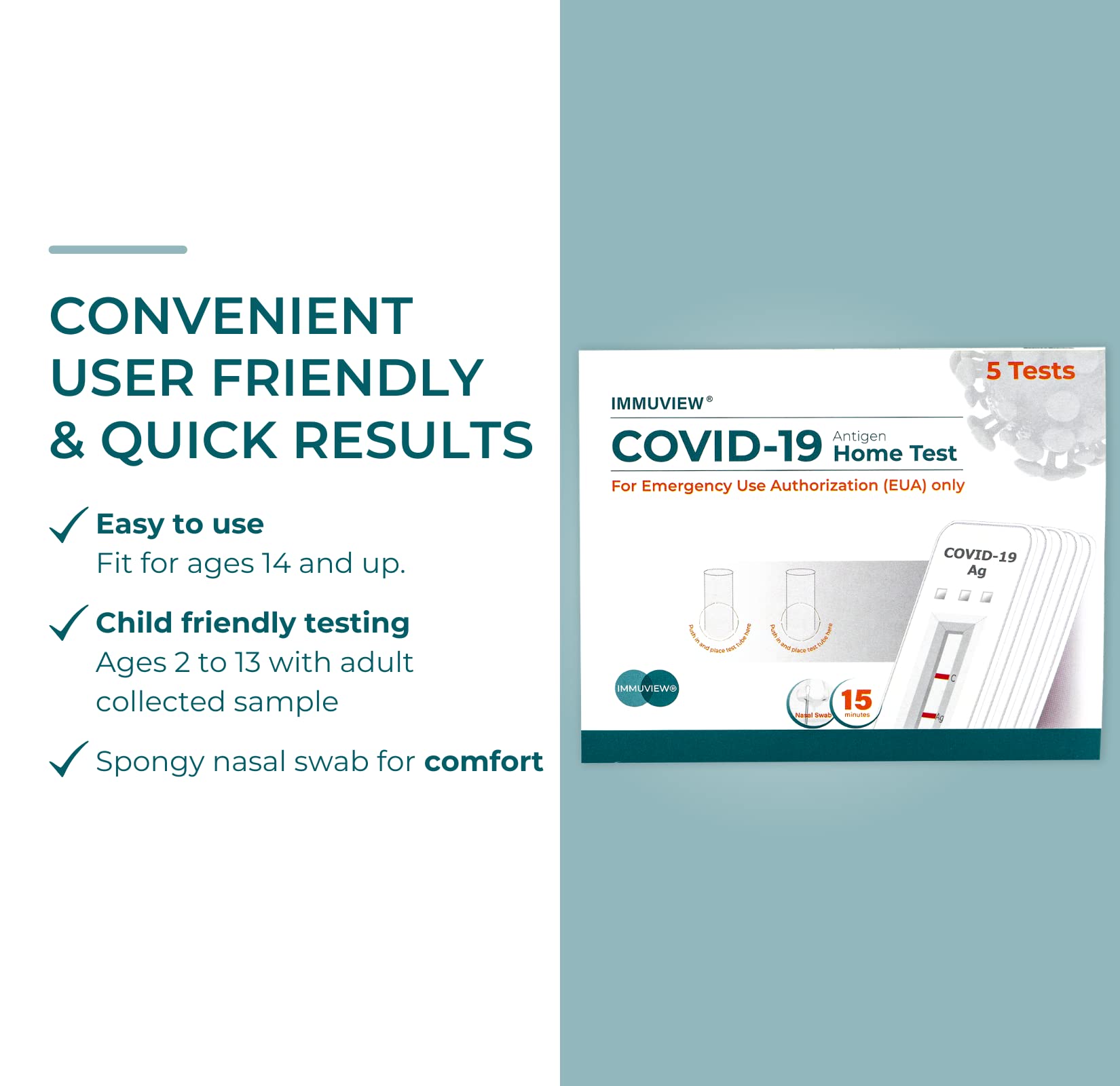 ImmuView COVID-19 Antigen Home Test, FDA EUA at-Home Self Test, Non-invasive Nasal Swab, Easy to Use & Results Within 15 Minutes (1 Pack, 5 Tests Total)