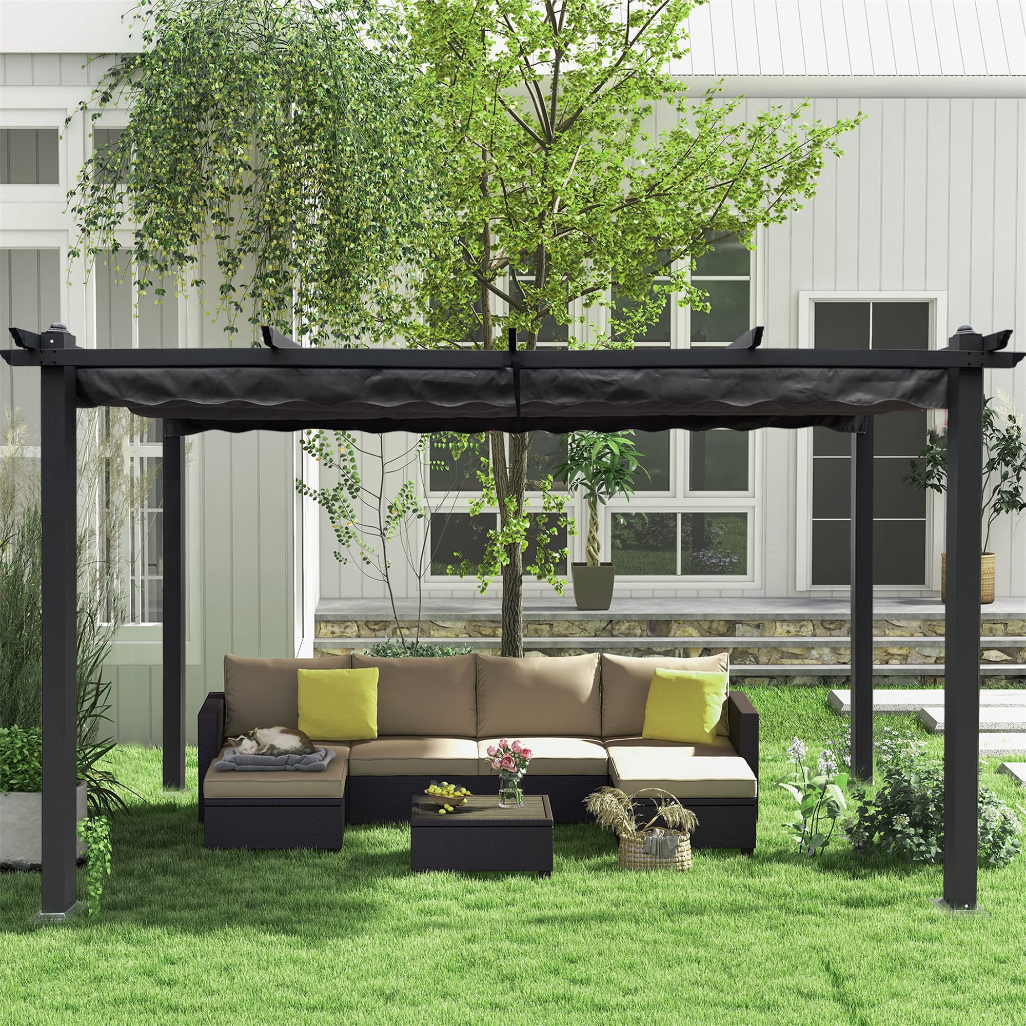 13x10 Ft Outdoor Aluminium Retractable Pergola Canopy, Grape Patio Gazebo, Backyard Shade Shelter, for Garden Porch Yard BBQ Beach, Gray