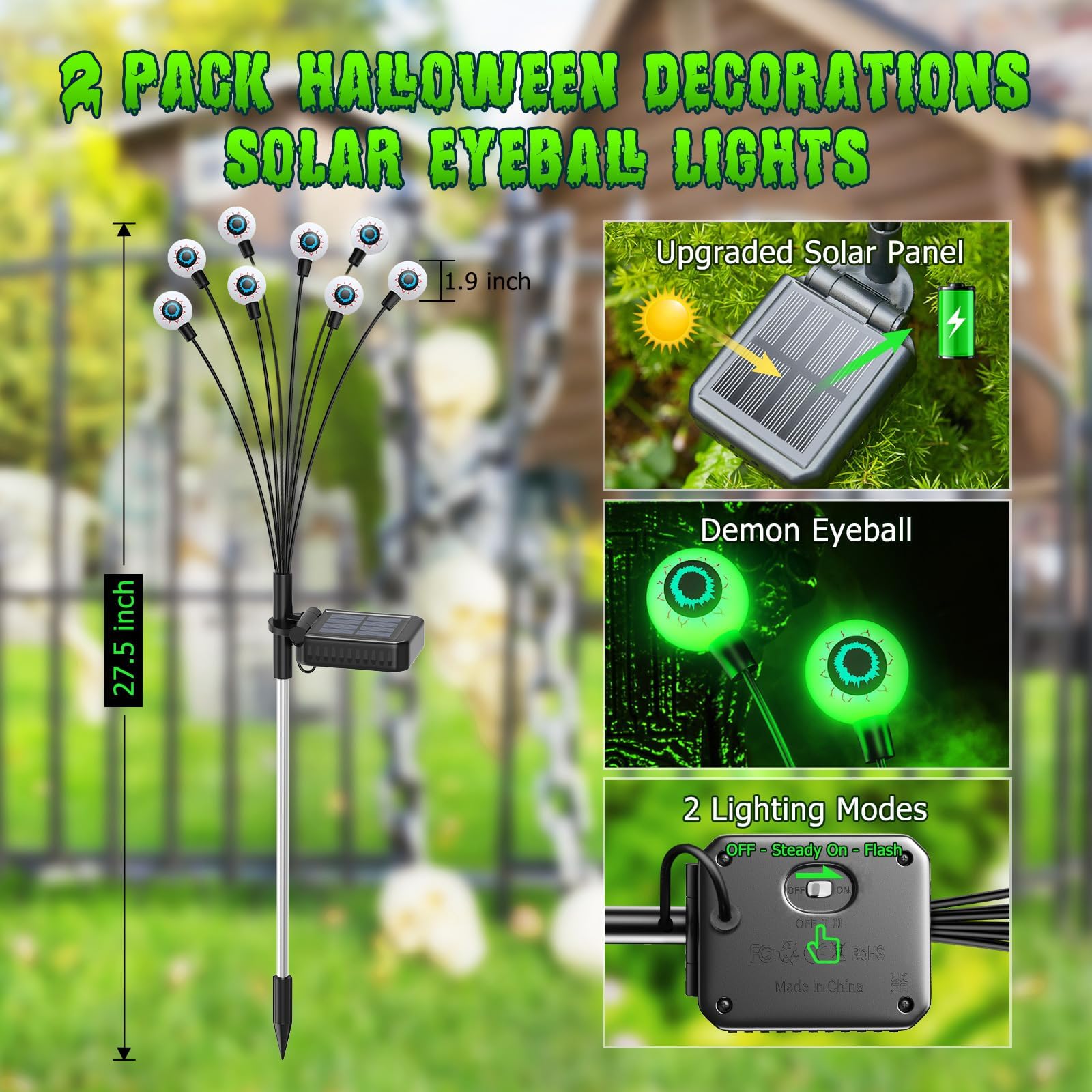 Outdoor Halloween Decorations Outside Solar Lights, 2PACKS 16 Scary Eyeball LED Green Eyeball Swaying Firefly Lights,Waterproof Solar Halloween Path Lights for Yard/Garden/Lawn/Party Decor