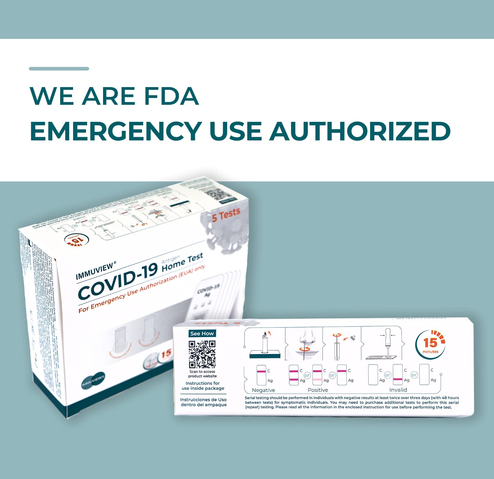 ImmuView COVID-19 Antigen Home Test, FDA EUA at-Home Self Test, Non-invasive Nasal Swab, Easy to Use & Results Within 15 Minutes (1 Pack, 5 Tests Total)