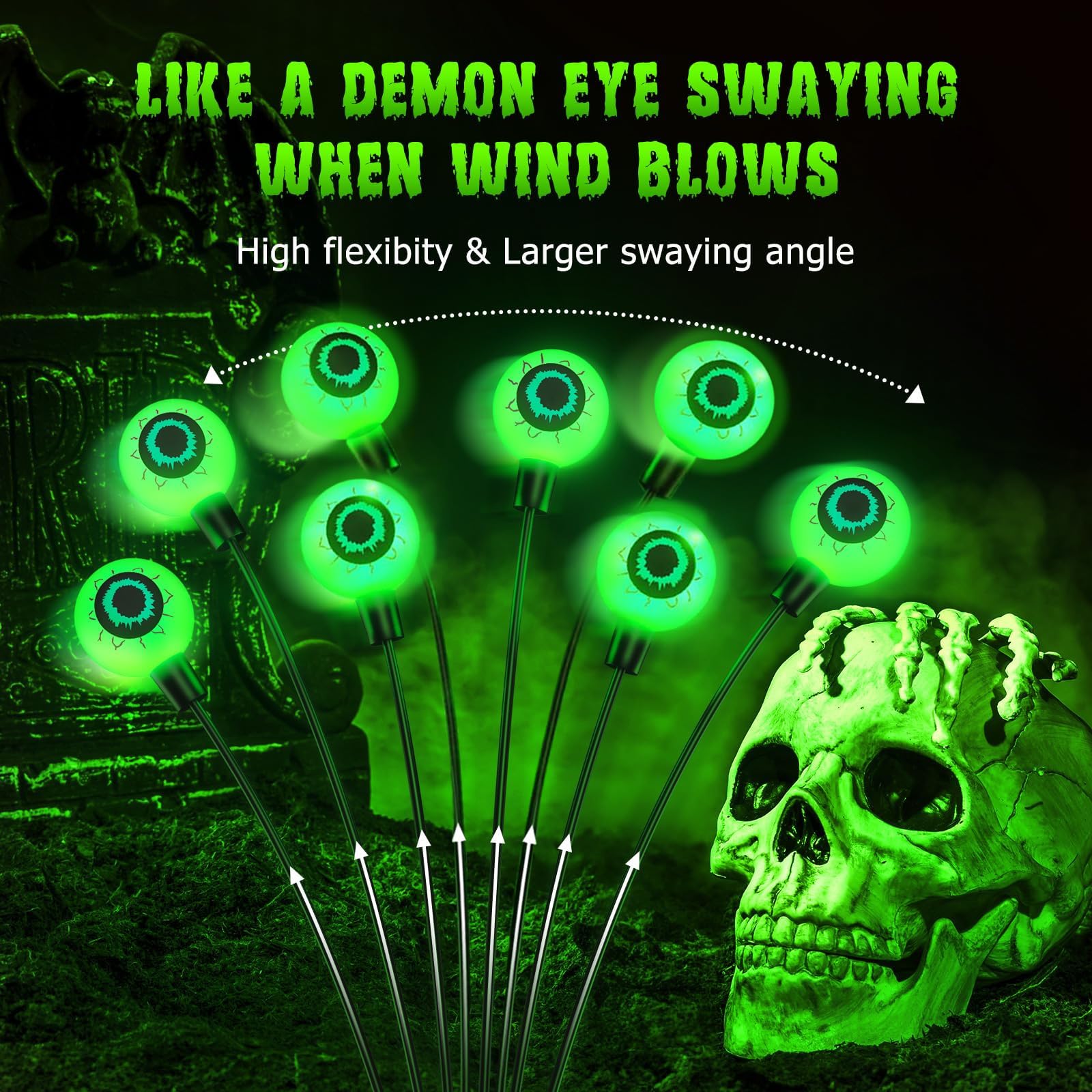 Outdoor Halloween Decorations Outside Solar Lights, 2PACKS 16 Scary Eyeball LED Green Eyeball Swaying Firefly Lights,Waterproof Solar Halloween Path Lights for Yard/Garden/Lawn/Party Decor