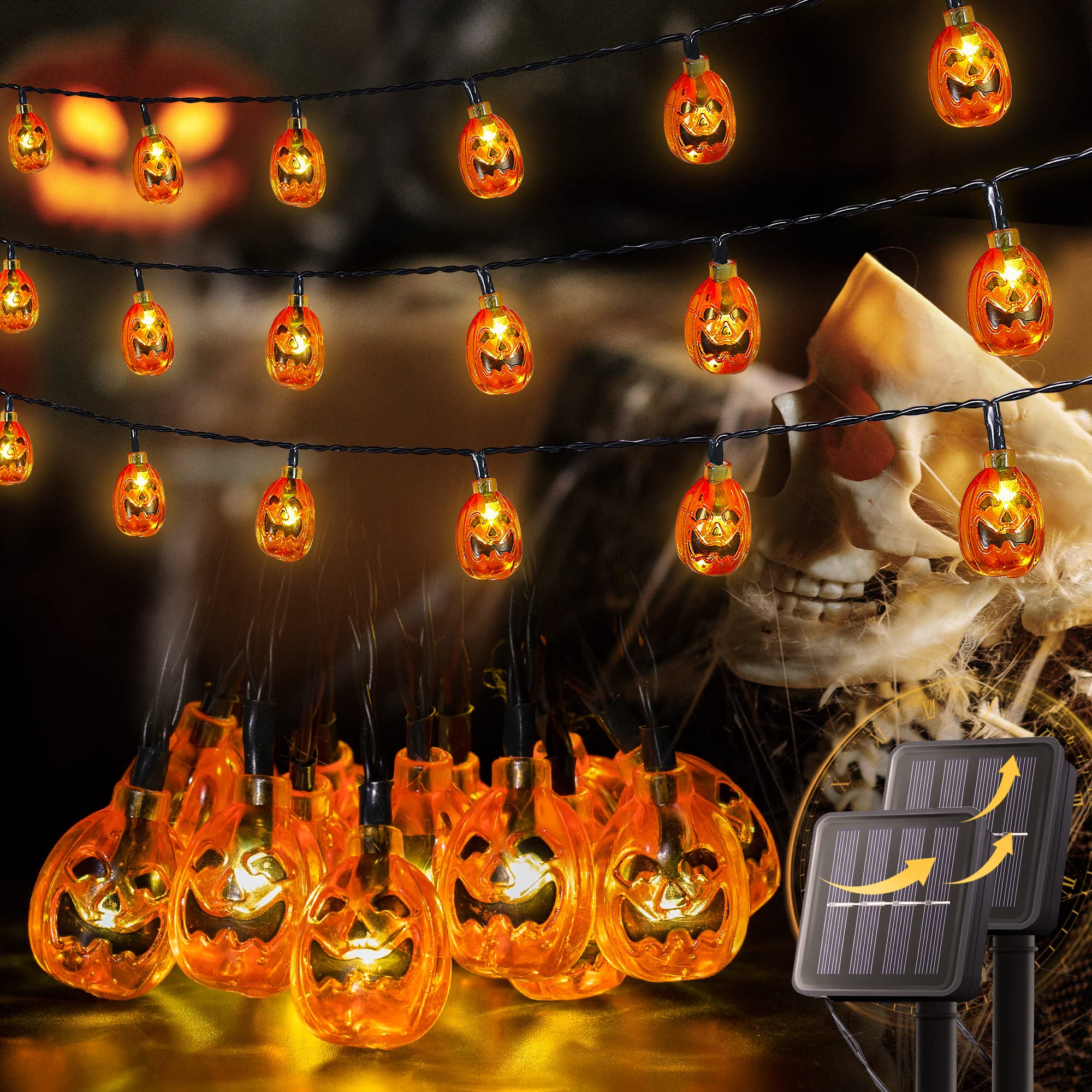 Oopswow 2 Pack Solar Powered Halloween Pumpkin String Lights, 20ft, 30 LEDs, 8 Lighting Models, Waterproof, Indoor/Outdoor Use