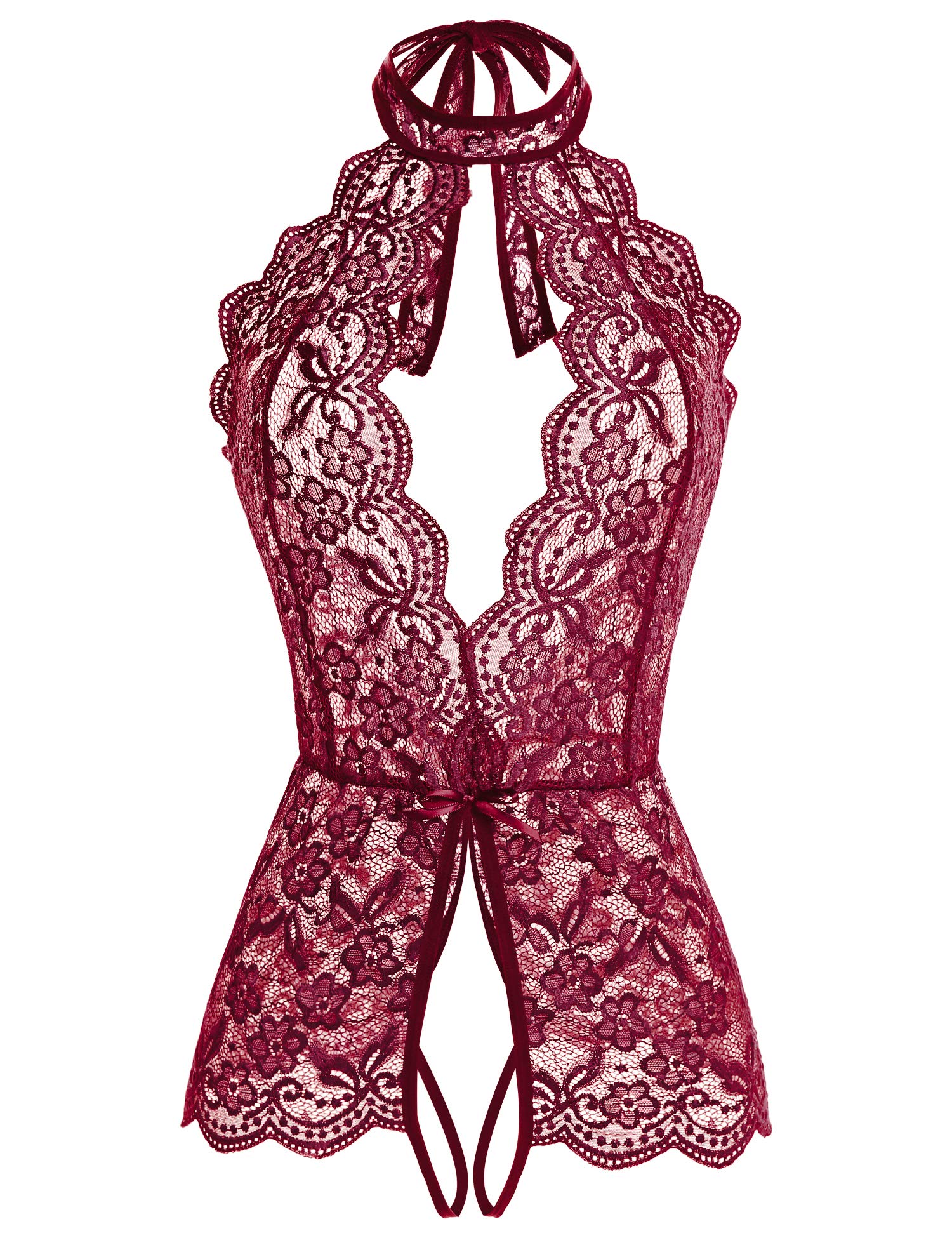 Ababoon Women One Piece Lingerie Lace Sexy Baby Dolls Teddy Sleepwear (Wine Red, XXL)