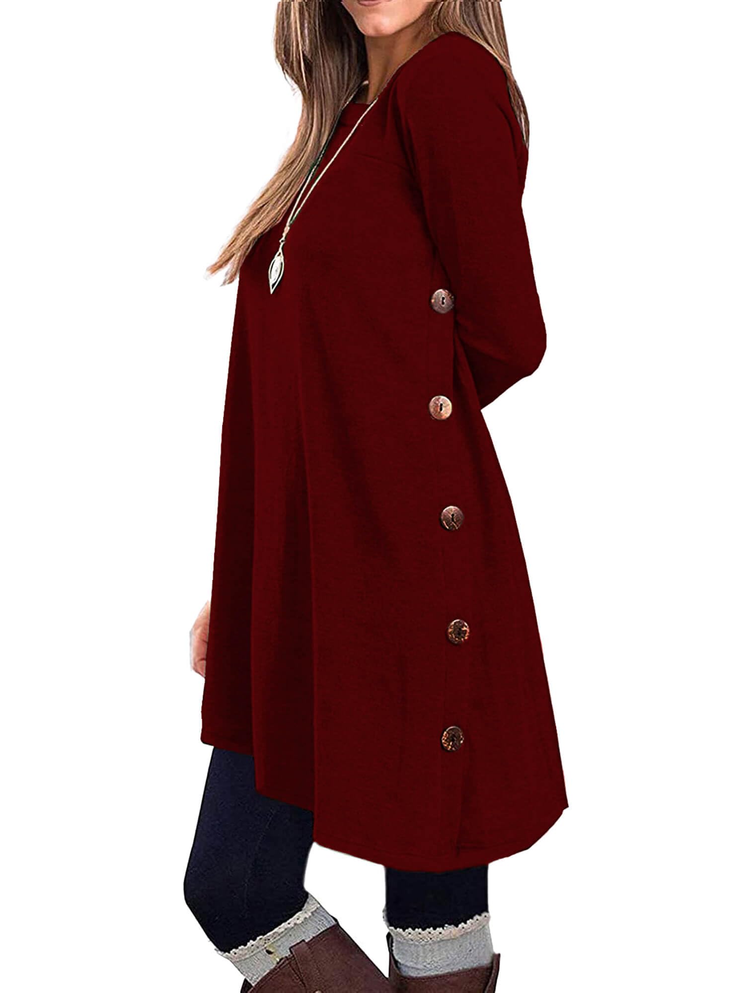 KORSIS Dresses for Women Wine Red Small Long Sleeve Round Neck Casual Button Side T Shirts Loose Fitting Sweater Jumper Fall Winter Christmas Tunic Dress