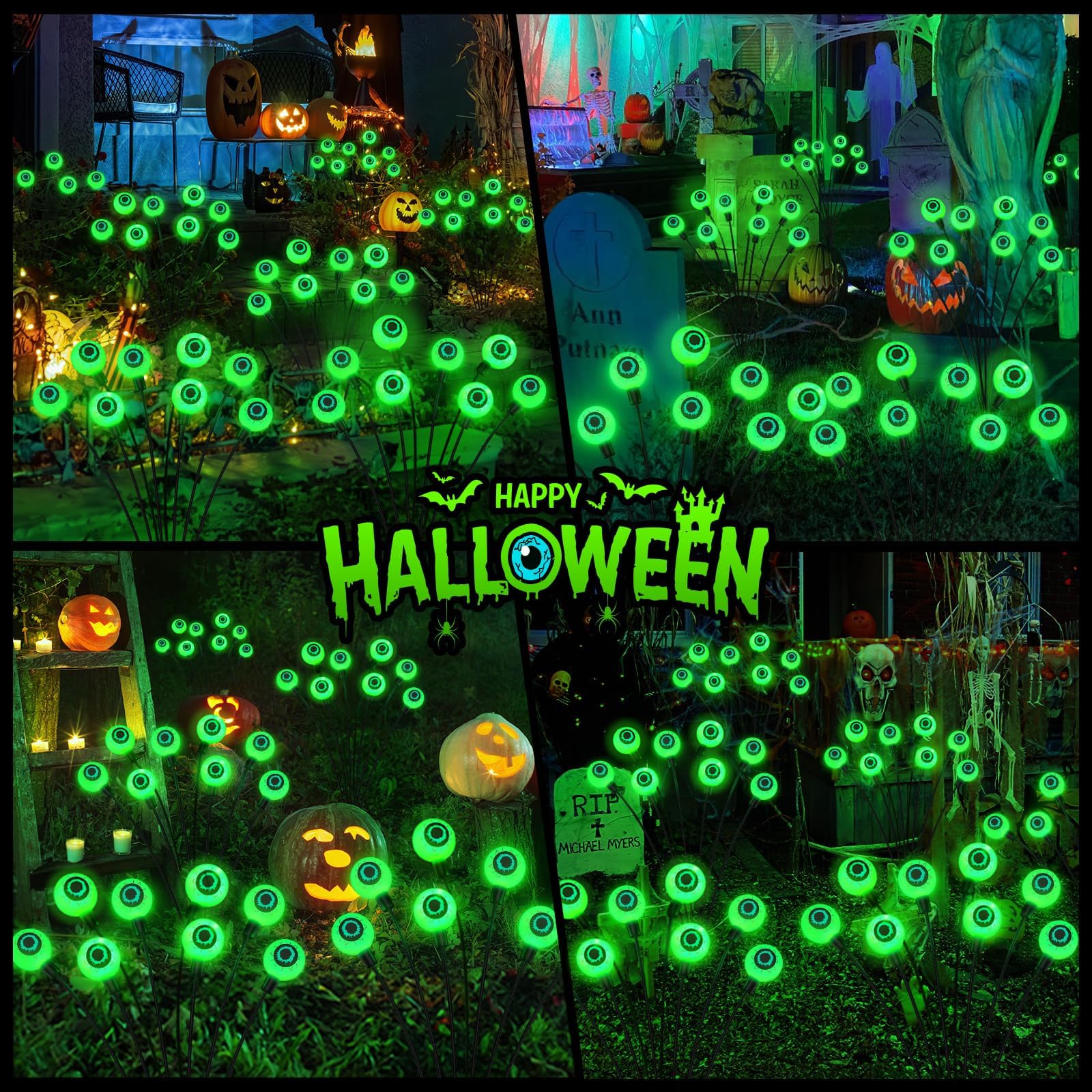 Outdoor Halloween Decorations Outside Solar Lights, 2PACKS 16 Scary Eyeball LED Green Eyeball Swaying Firefly Lights,Waterproof Solar Halloween Path Lights for Yard/Garden/Lawn/Party Decor