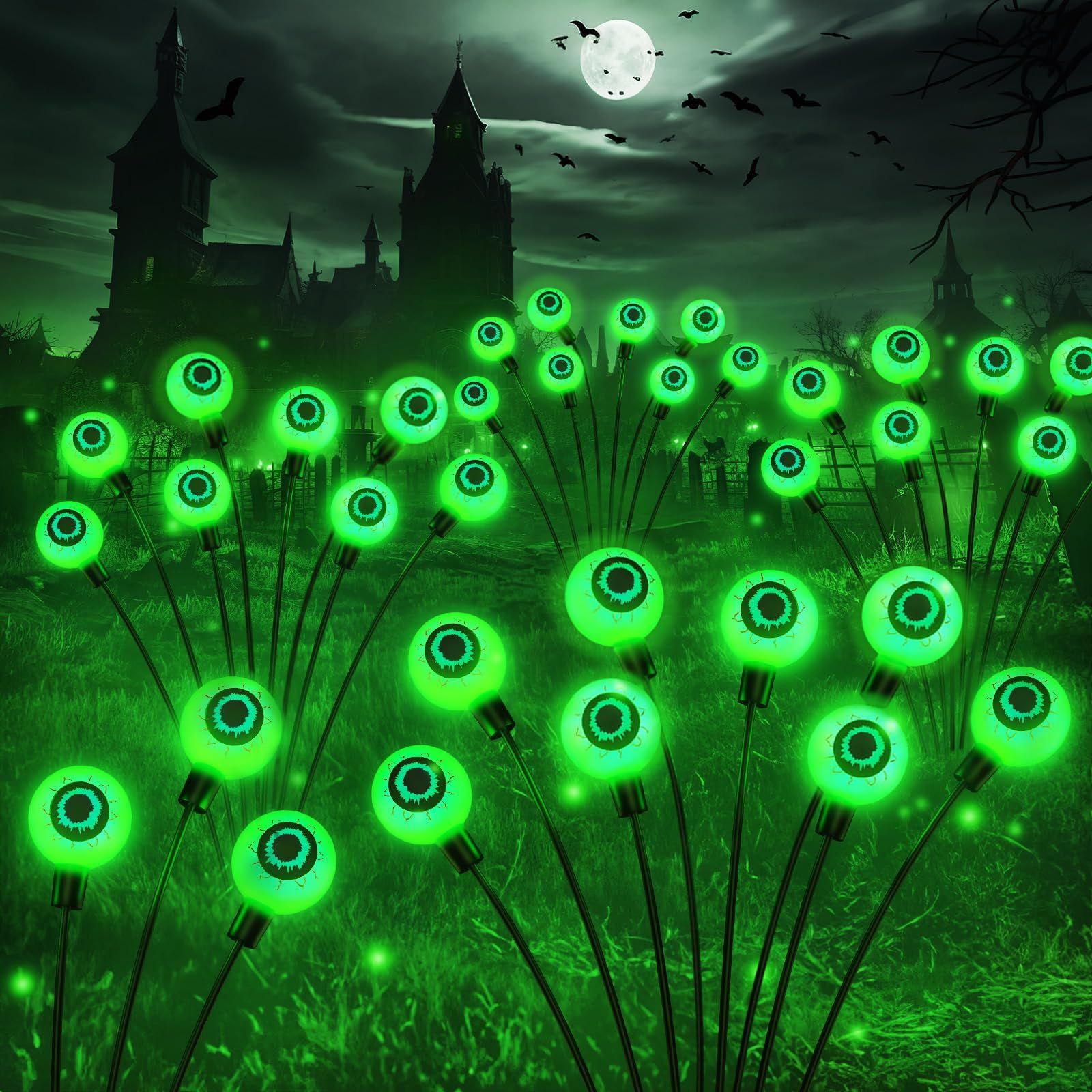 Outdoor Halloween Decorations Outside Solar Lights, 2PACKS 16 Scary Eyeball LED Green Eyeball Swaying Firefly Lights,Waterproof Solar Halloween Path Lights for Yard/Garden/Lawn/Party Decor