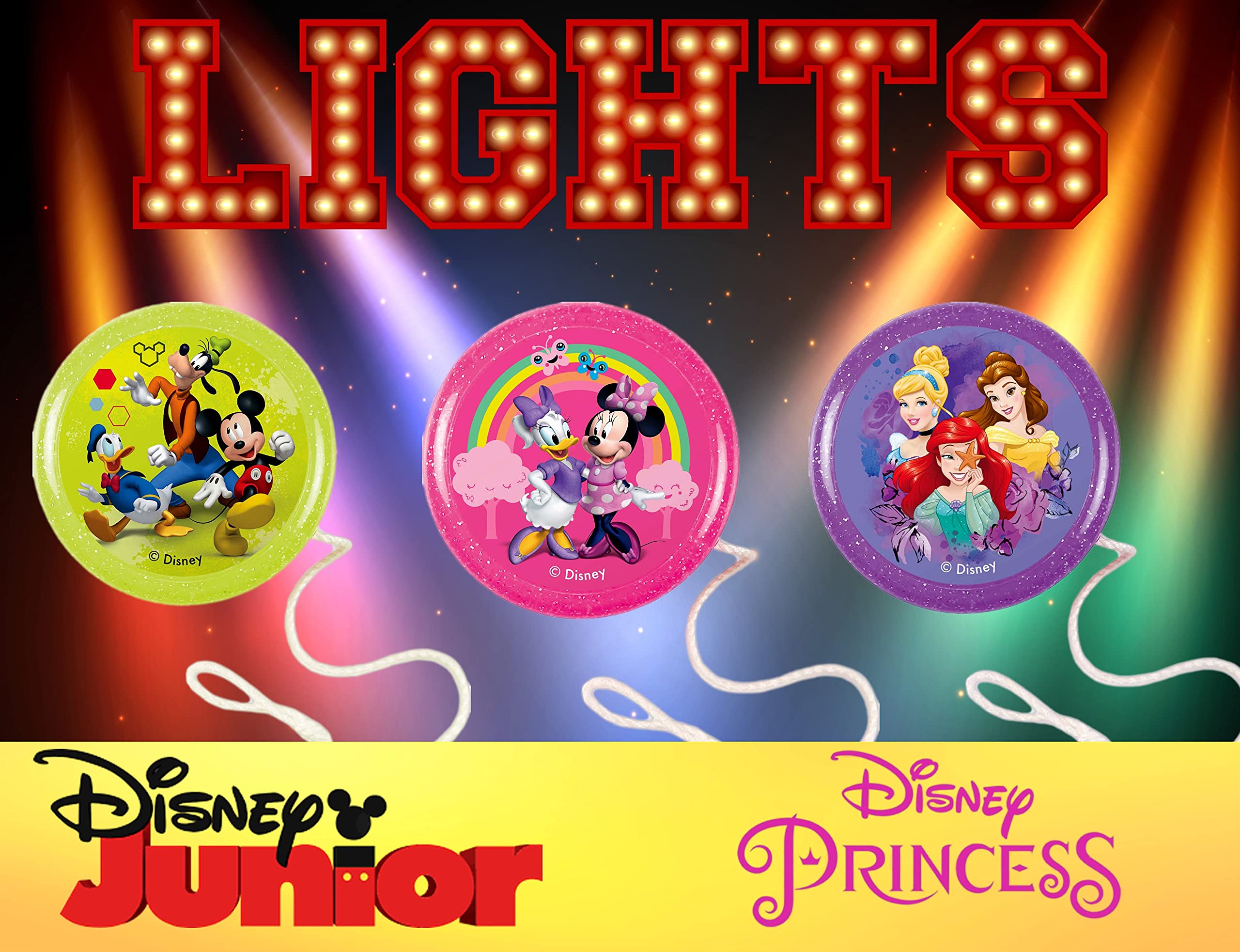 JA-RU Disney Light Up YoYo Disney Mickey Mouse, Minnie Mouse & Princess Styles Toys (3 Units Assorted) Fidget Toys for Kids Yoyo Beginner String Trick Yo-Yo Game. ABC-7812-3