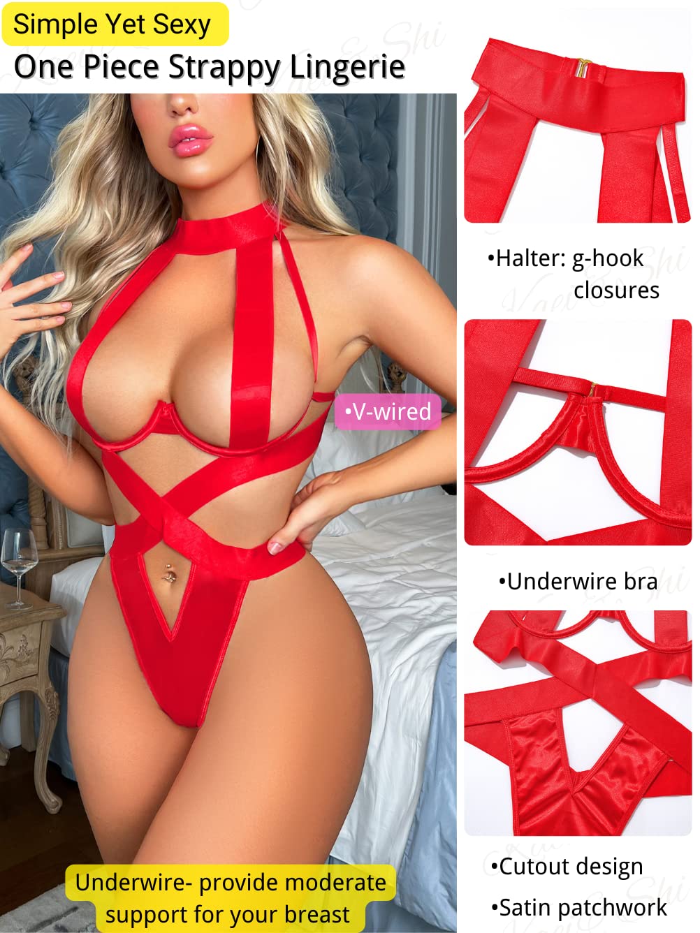 Kaei&Shi Strappy Lingerie Bondaged,Sexy G String Lingerie For Women,One Piece Choker Bodysuit Boudoir Outfits Exotic,Red,Medium