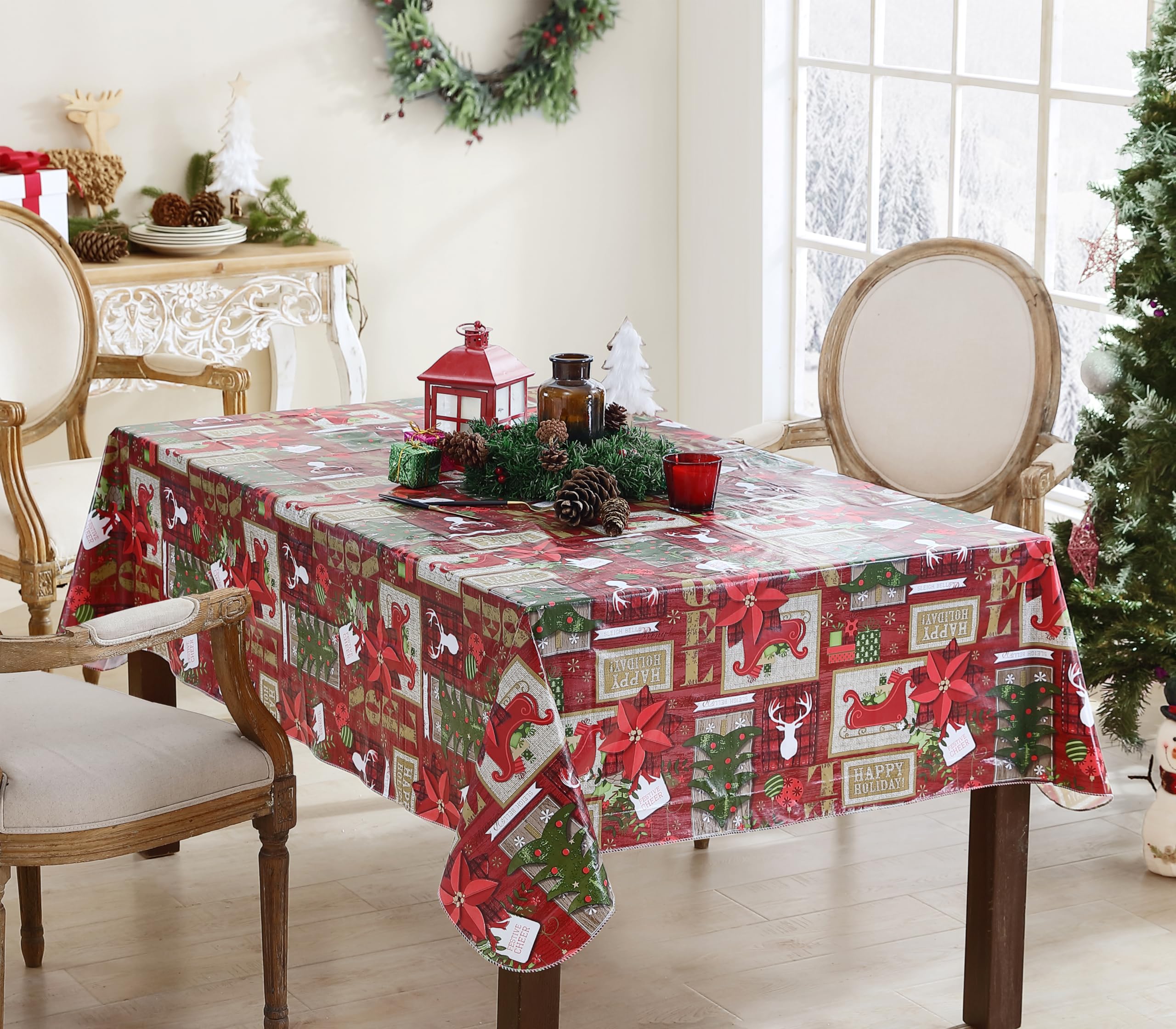 Newbridge Red Sleigh Bells Ring Country Rustic Vinyl Flannel Back Vinyl Christmas Tablecloth, Moose Antlers, Sleighs and Festive Xmas Wipe Clean Tablecloth, 52 Inch x 70 Inch Oblong/Rectangle