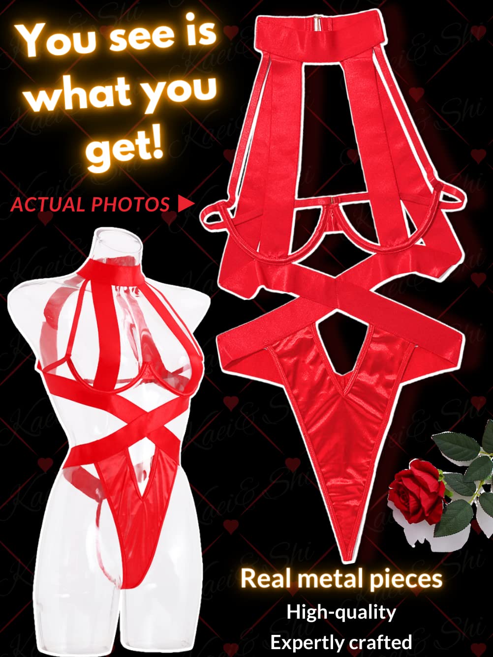 Kaei&Shi Strappy Lingerie Bondaged,Sexy G String Lingerie For Women,One Piece Choker Bodysuit Boudoir Outfits Exotic,Red,Medium