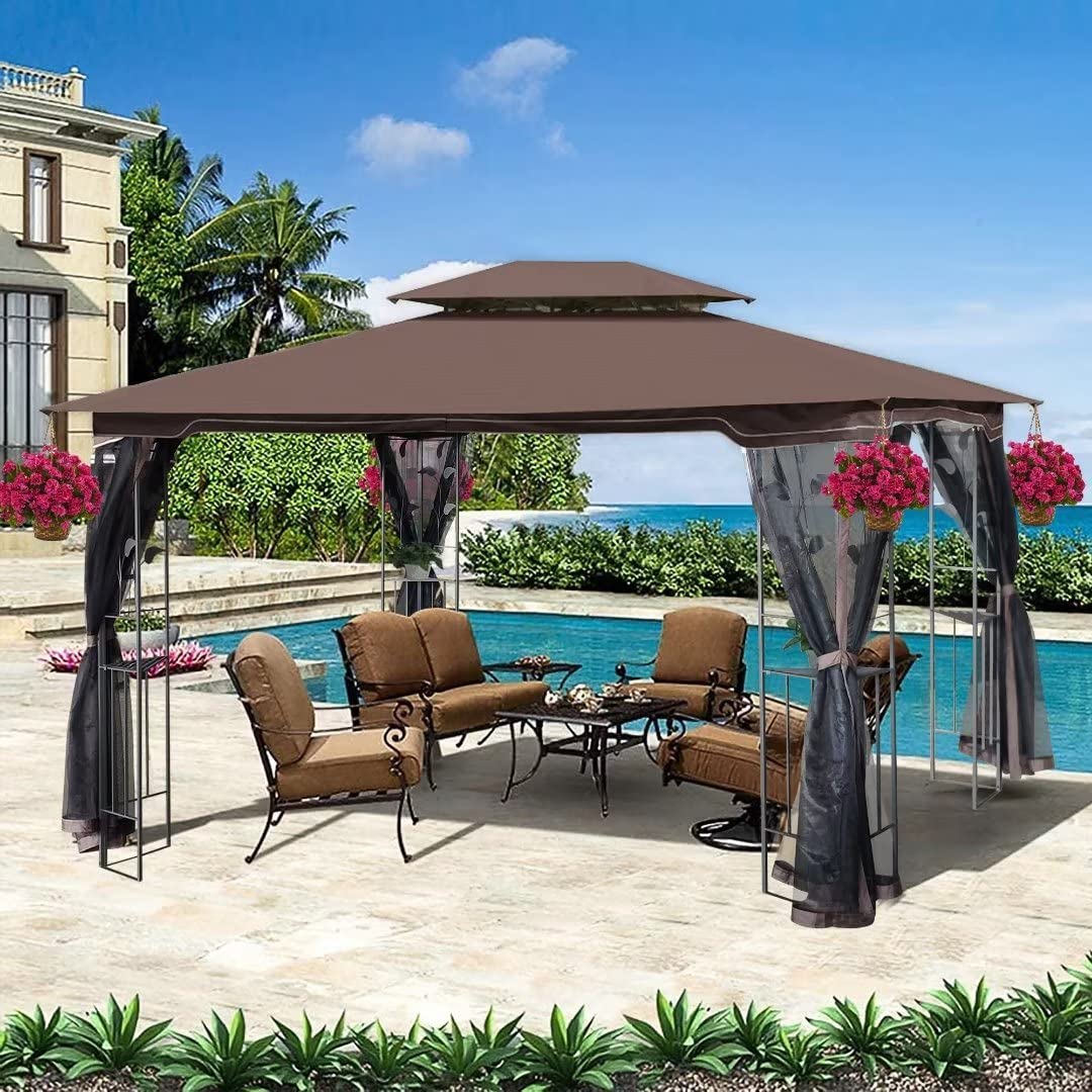 JINS&VICO 13x10 ft Gazebo Double Roof Canopy with Netting and Shaded Curtains, Outdoor Gazebo 2-Tier Hardtop Galvanized Iron Aluminum Frame Garden Tent for Patio, Backyard, Deck and Lawns, Brown