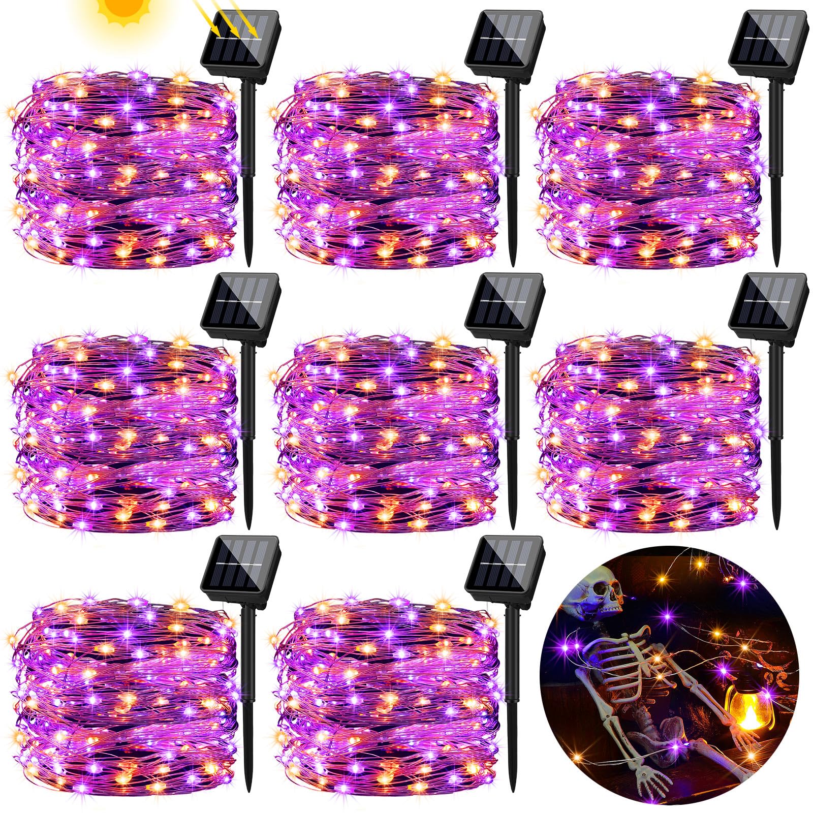 Retisee 8 Pieces Solar Orange and Purple Halloween Fairy Lights 39.37ft String Halloween Lights 120 Led 8 Modes Solar Twinkle Lights Outdoor Waterproof for DIY Balcony Patio Garden Outdoor Decorations