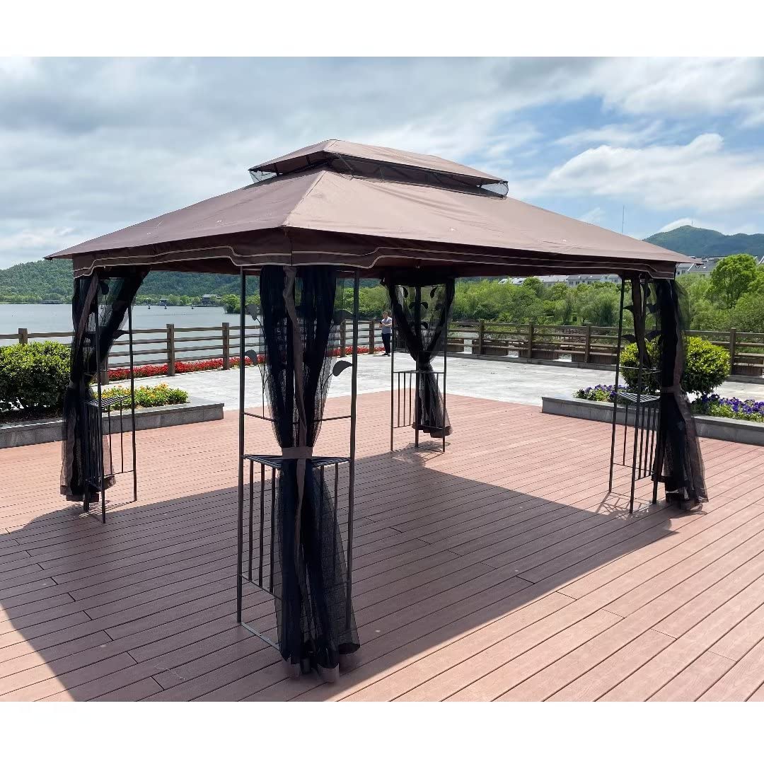 JINS&VICO 13x10 ft Gazebo Double Roof Canopy with Netting and Shaded Curtains, Outdoor Gazebo 2-Tier Hardtop Galvanized Iron Aluminum Frame Garden Tent for Patio, Backyard, Deck and Lawns, Brown