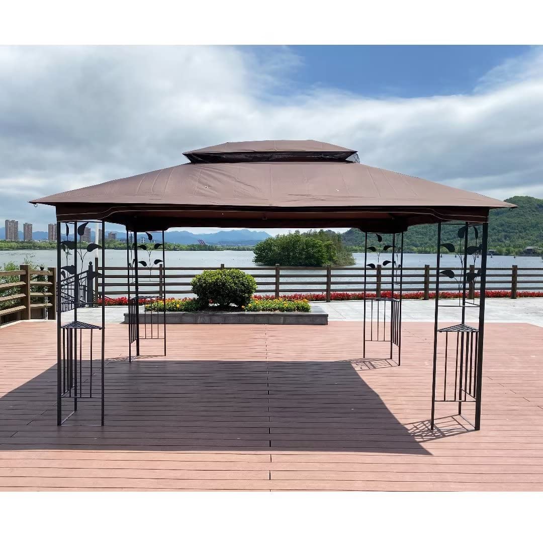 JINS&VICO 13x10 ft Gazebo Double Roof Canopy with Netting and Shaded Curtains, Outdoor Gazebo 2-Tier Hardtop Galvanized Iron Aluminum Frame Garden Tent for Patio, Backyard, Deck and Lawns, Brown