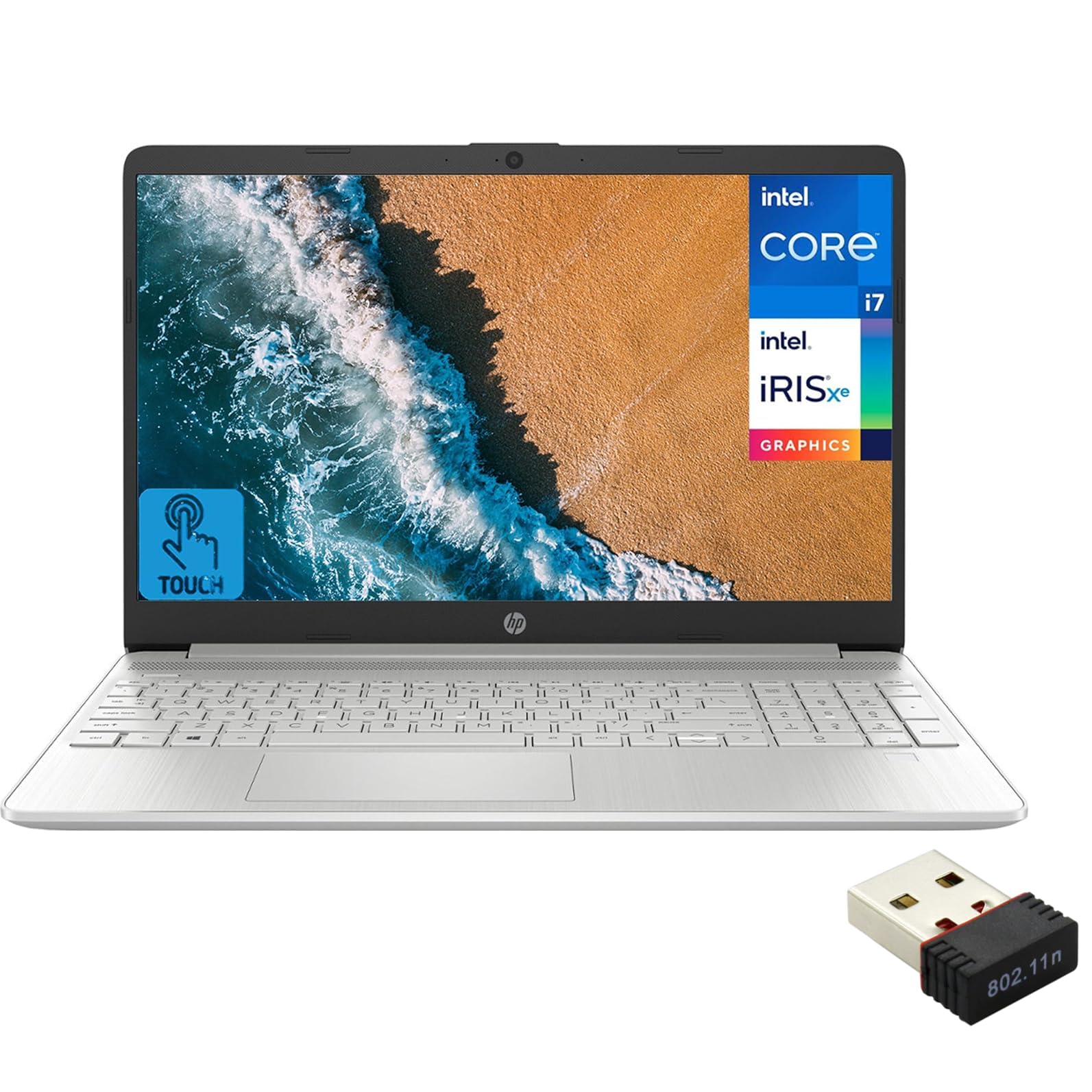 HP 2024 15 Laptop, 15.6" FHD Touchscreen, Intel Core i7-1255U (Up to 4.7GHz), 16GB RAM, 512GB PCIe SSD, Intel Iris Xe Graphics, Windows 11 Home, Silver with USB WiFi Adapter