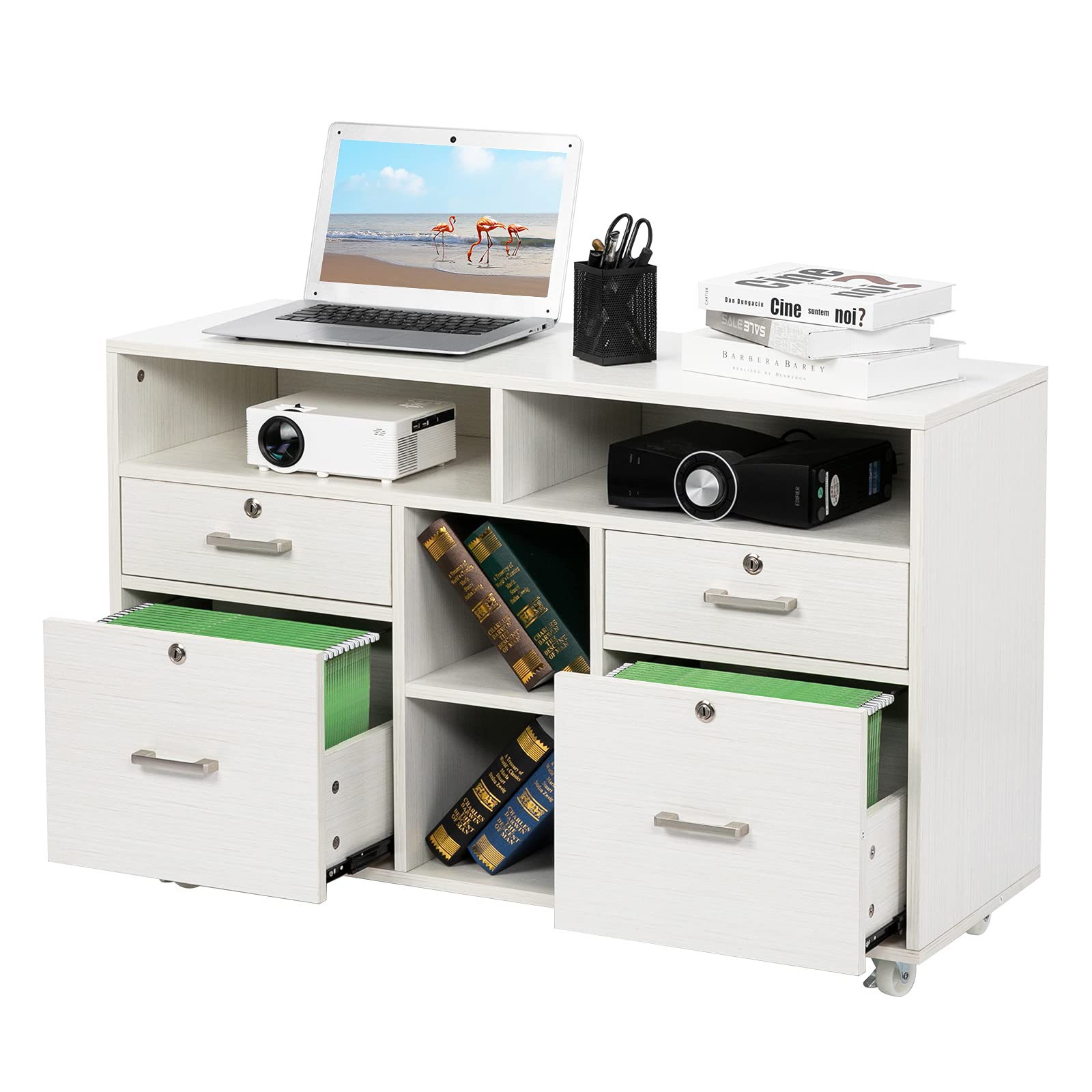 VINGLI Wood Mobile File Cabinet with 4 Drawers and Shelves, Printer Stand with Open Storage, Lockable Lateral Filing Cabinet for Home Office, Assembly Required, Light Beige Close to White