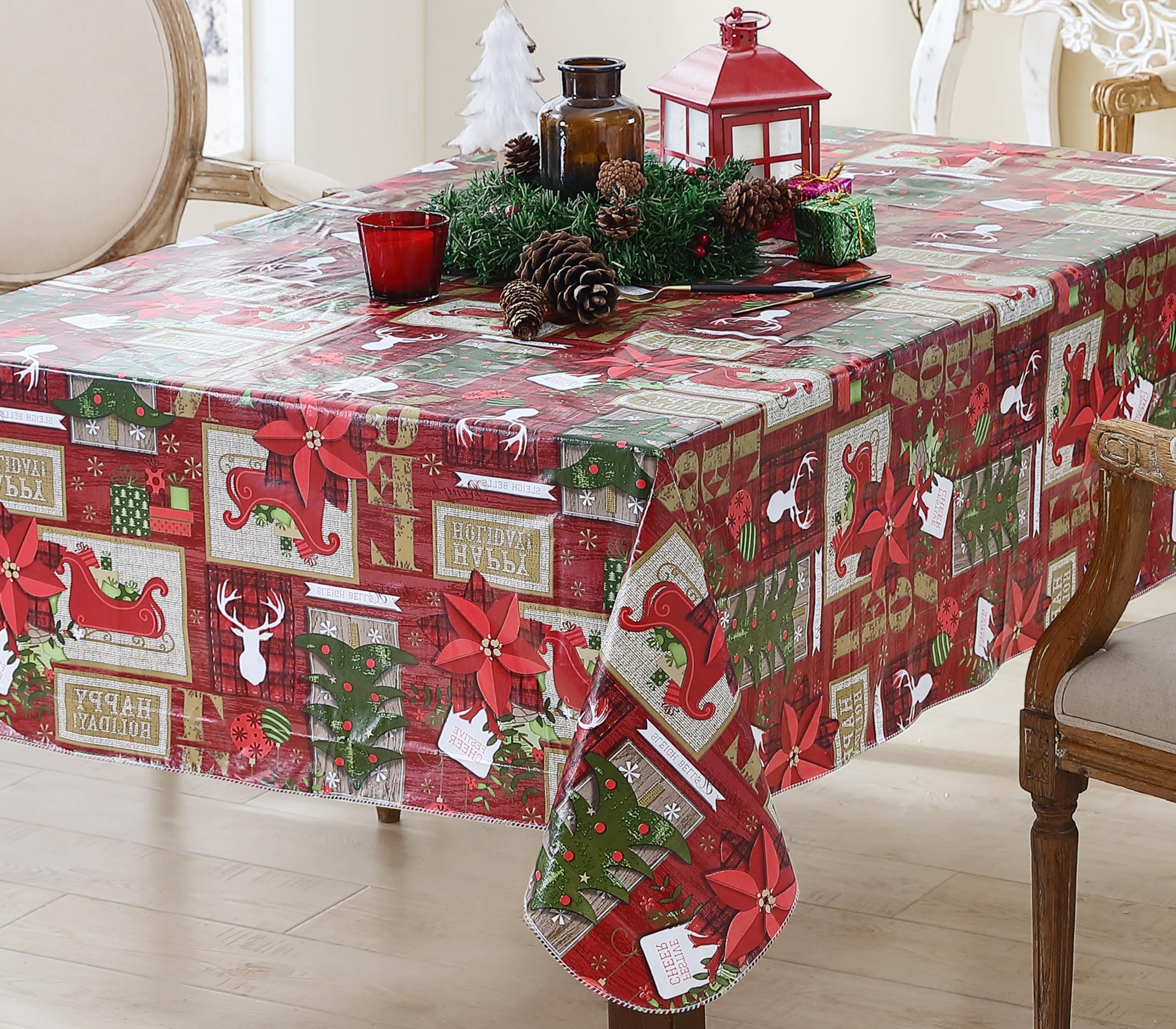 Newbridge Red Sleigh Bells Ring Country Rustic Vinyl Flannel Back Vinyl Christmas Tablecloth, Moose Antlers, Sleighs and Festive Xmas Wipe Clean Tablecloth, 52 Inch x 70 Inch Oblong/Rectangle