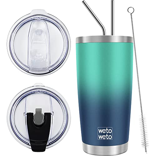 WETOWETO 20oz Insulated Stainless Steel Tumbler, Coffee Tumbler with 2 lids and 2 straws, Double Wall Vacuum Travel Coffee Mug, Powder Coated Leak-Proof Tumbler Cup (Green-Blue Gradient,1 Pack)