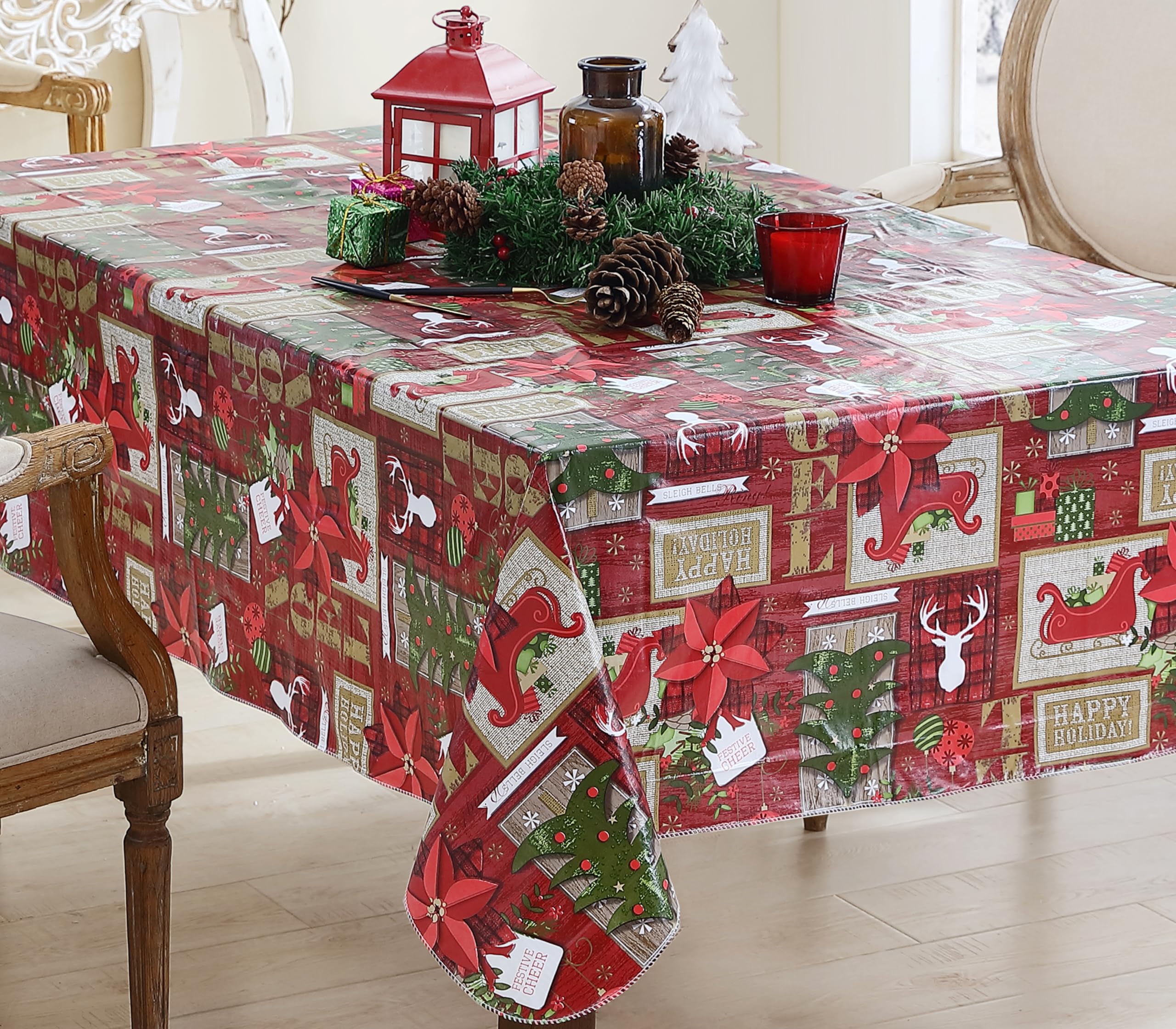 Newbridge Red Sleigh Bells Ring Country Rustic Vinyl Flannel Back Vinyl Christmas Tablecloth, Moose Antlers, Sleighs and Festive Xmas Wipe Clean Tablecloth, 52 Inch x 70 Inch Oblong/Rectangle
