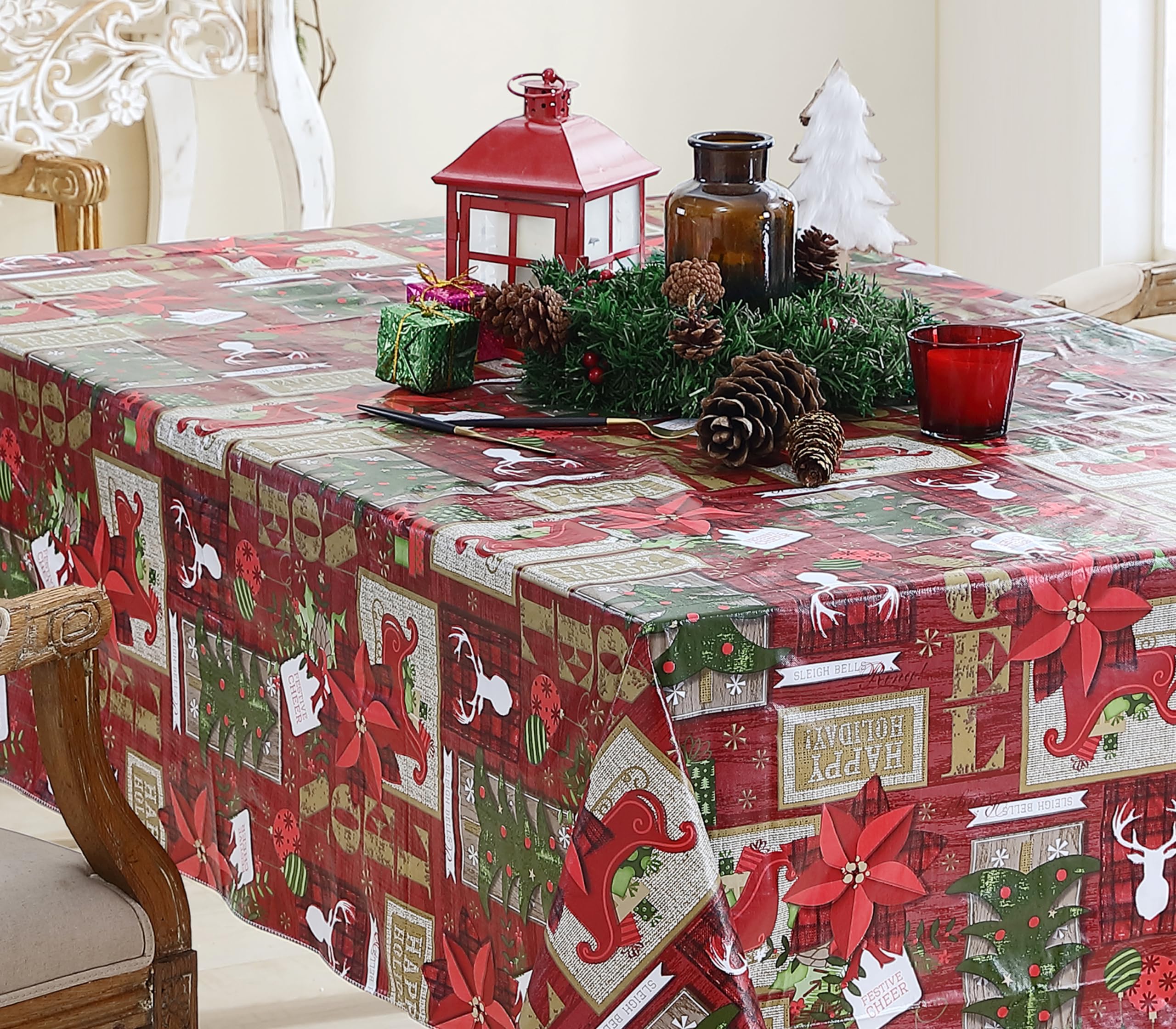Newbridge Red Sleigh Bells Ring Country Rustic Vinyl Flannel Back Vinyl Christmas Tablecloth, Moose Antlers, Sleighs and Festive Xmas Wipe Clean Tablecloth, 52 Inch x 70 Inch Oblong/Rectangle