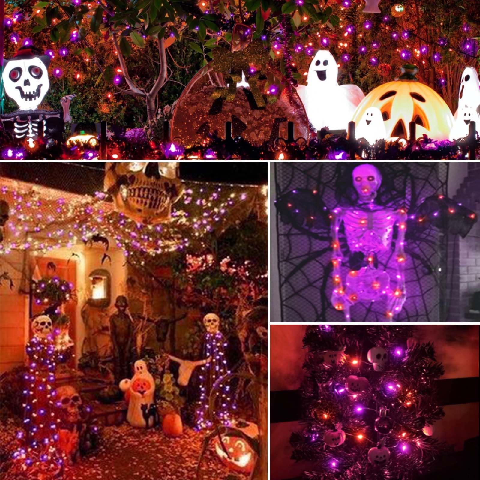 SANJICHA Orange and Purple Solar Halloween Lights Outdoor Waterproof, 4-Pack 132 FT 400 LED Solar String Lights Black Wire 8 Modes Solar Fairy Lights for Festive Decoration Tree Horror Party