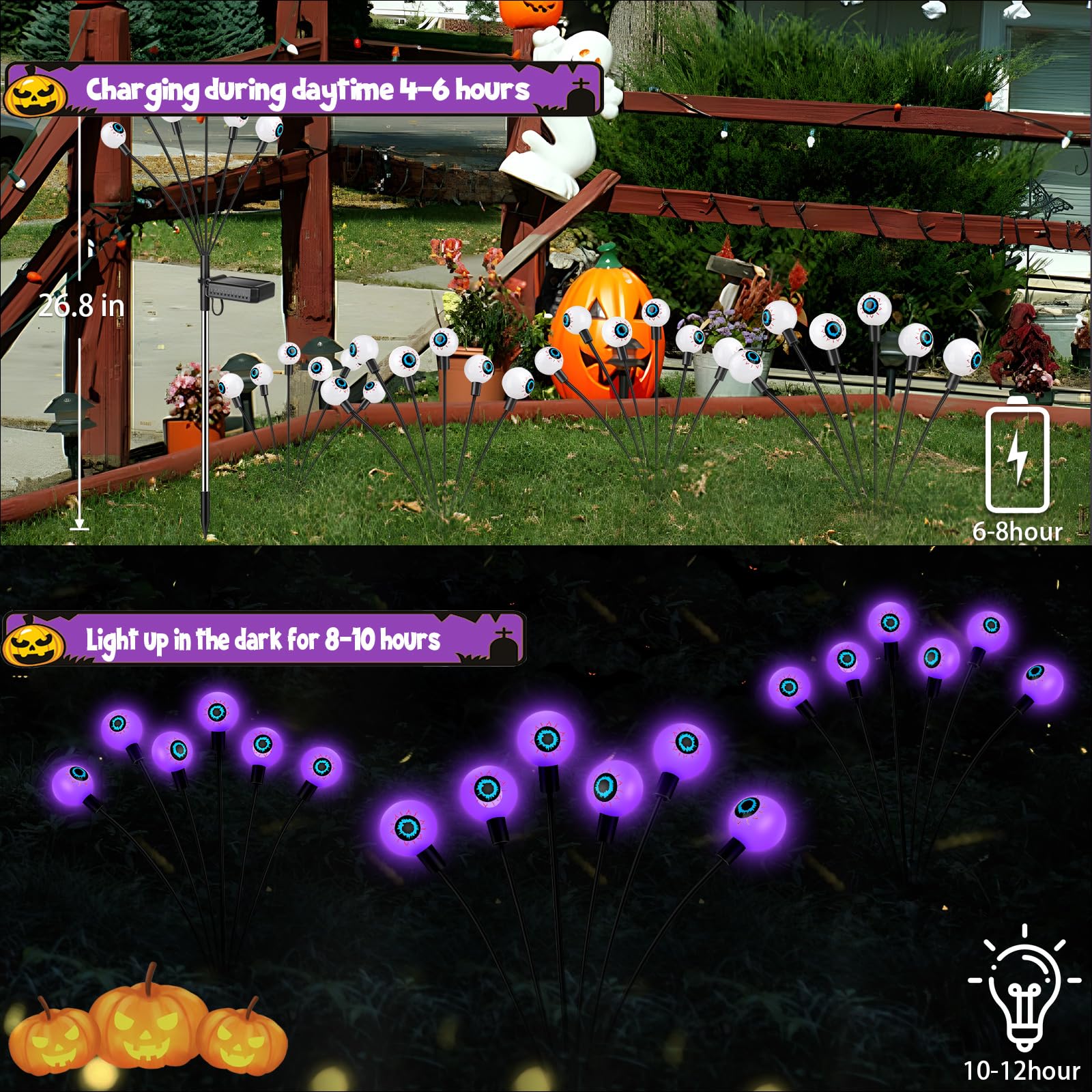 Halloween Decorations Outdoor Solar Lights: 4 Pack 24 LED Scary Eyeballs Purple Halloween Lights, IP65 Waterproof Solar Firefly Halloween Lights for Outside Yard Lawn Patio Pathway Party Garden Decor