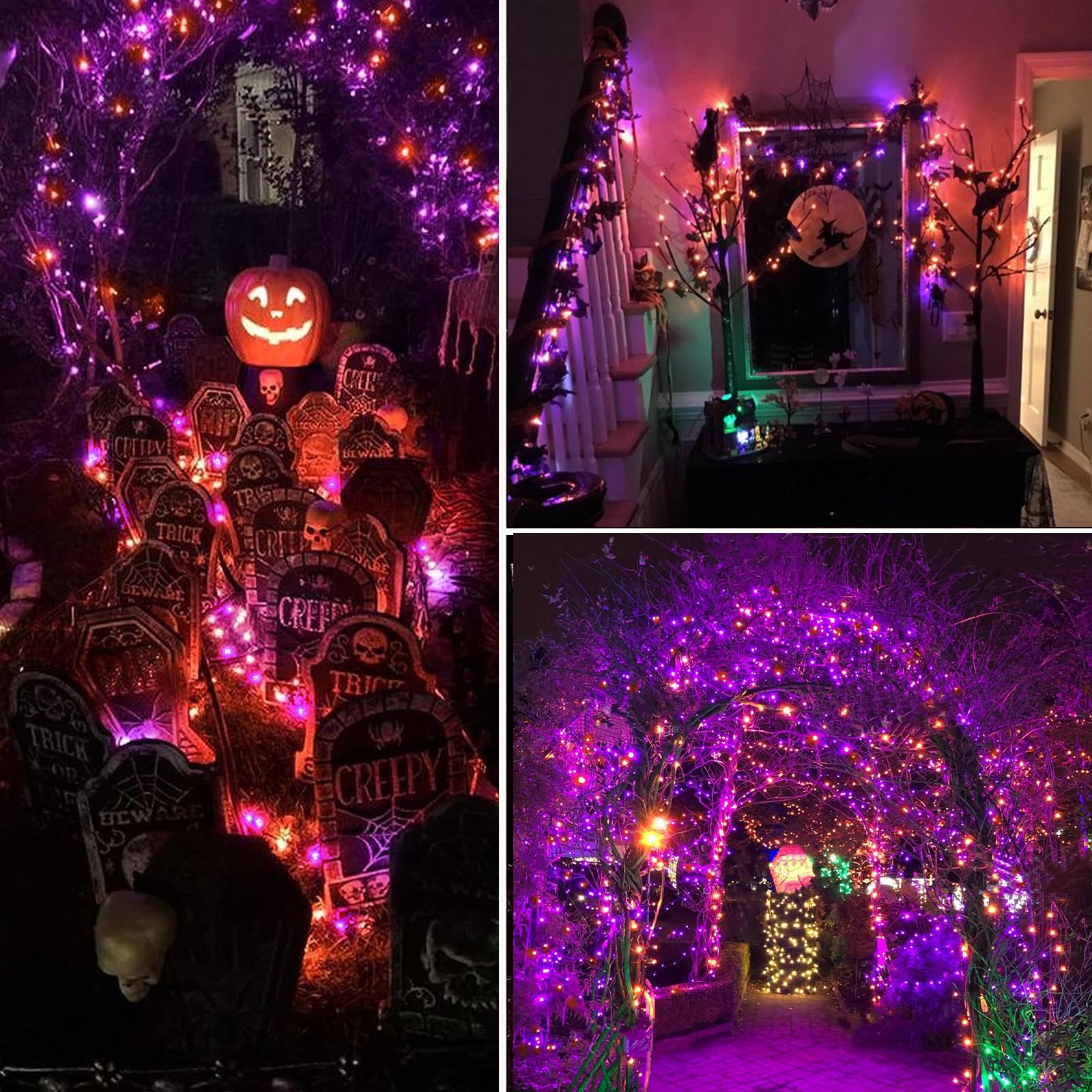 SANJICHA Orange and Purple Solar Halloween Lights Outdoor Waterproof, 4-Pack 132 FT 400 LED Solar String Lights Black Wire 8 Modes Solar Fairy Lights for Festive Decoration Tree Horror Party