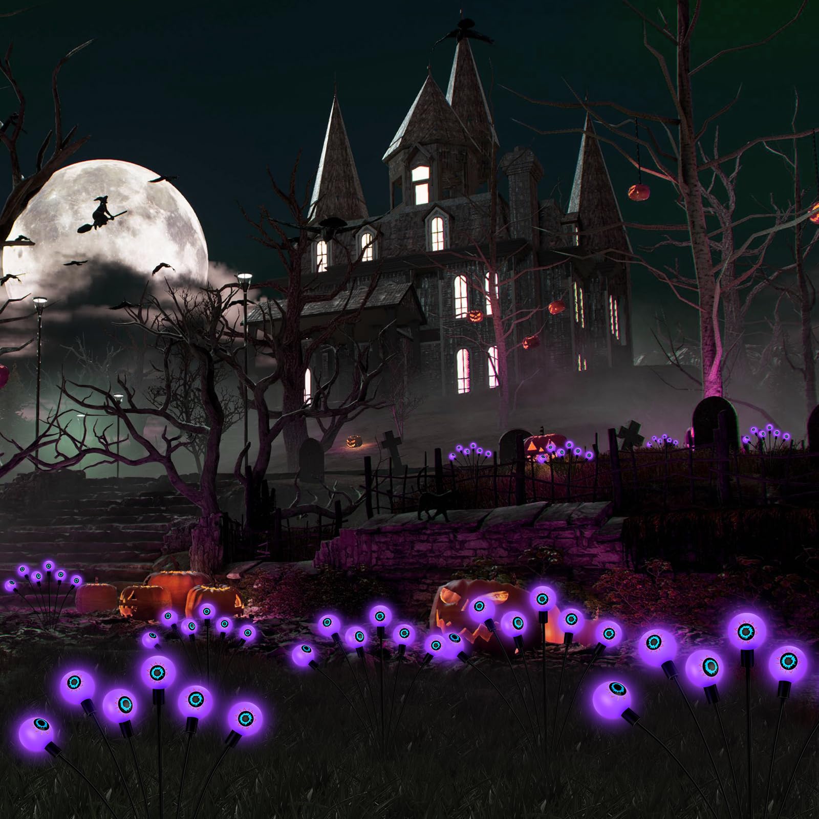 Halloween Decorations Outdoor Solar Lights: 4 Pack 24 LED Scary Eyeballs Purple Halloween Lights, IP65 Waterproof Solar Firefly Halloween Lights for Outside Yard Lawn Patio Pathway Party Garden Decor