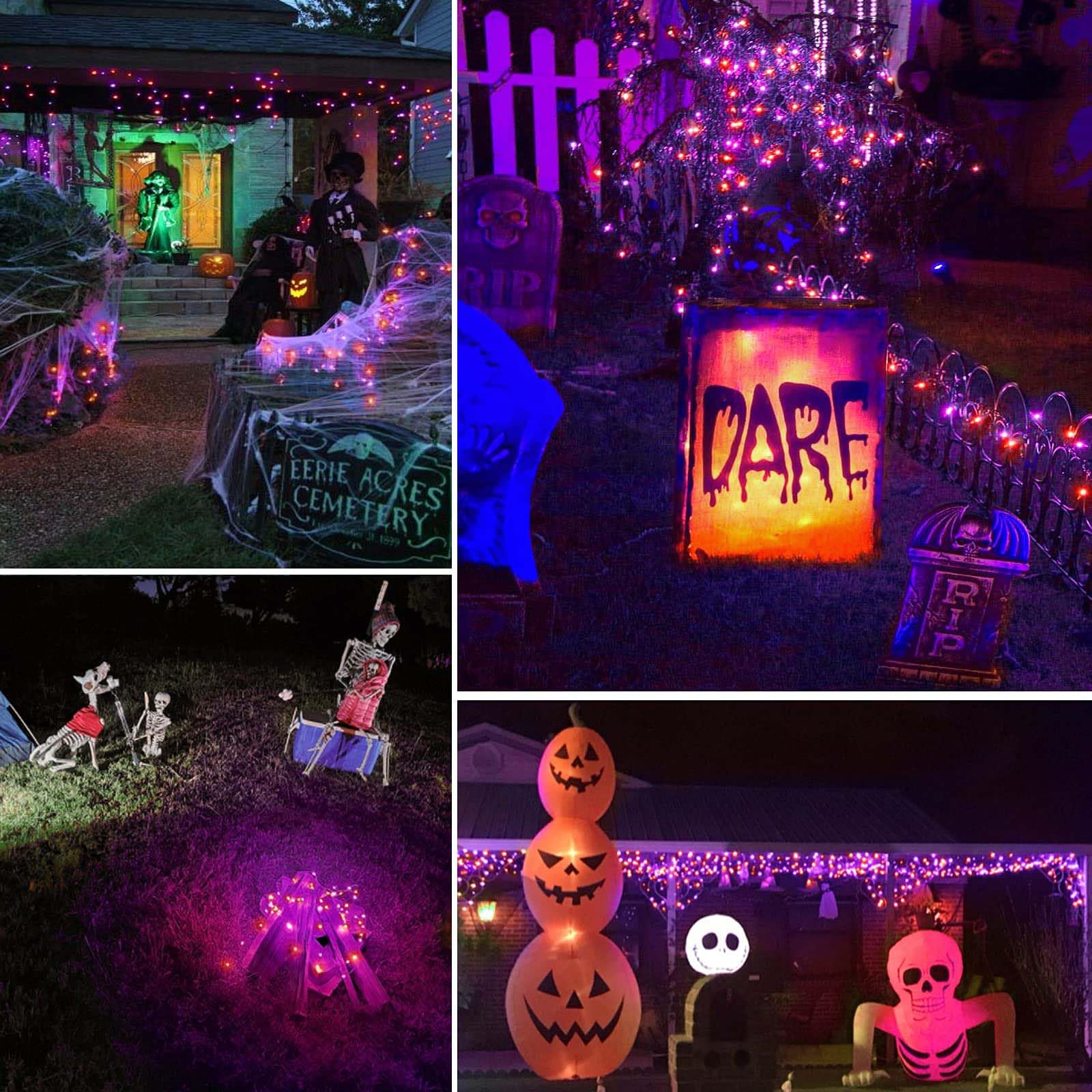 SANJICHA Orange and Purple Solar Halloween Lights Outdoor Waterproof, 4-Pack 132 FT 400 LED Solar String Lights Black Wire 8 Modes Solar Fairy Lights for Festive Decoration Tree Horror Party