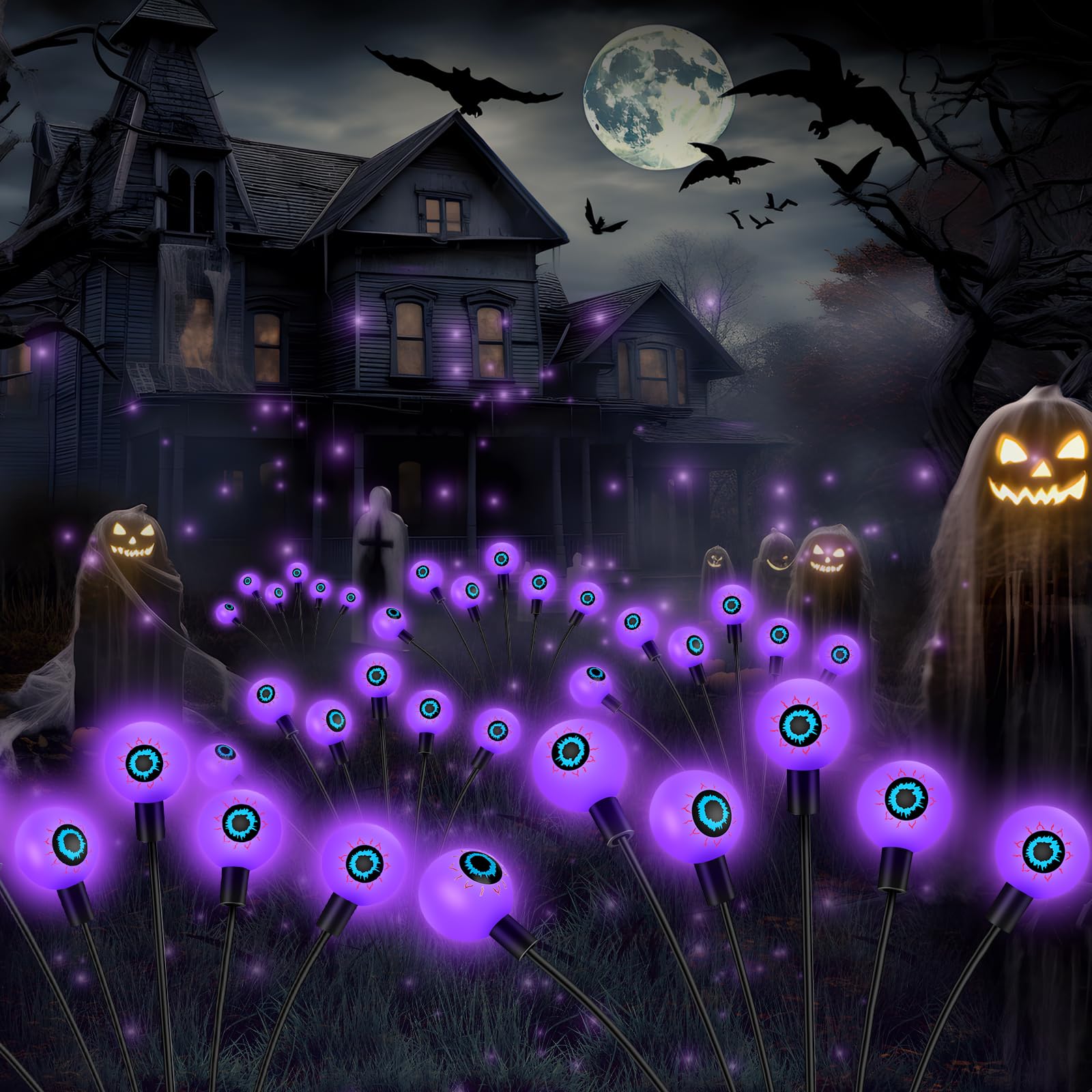 Halloween Decorations Outdoor Solar Lights: 4 Pack 24 LED Scary Eyeballs Purple Halloween Lights, IP65 Waterproof Solar Firefly Halloween Lights for Outside Yard Lawn Patio Pathway Party Garden Decor