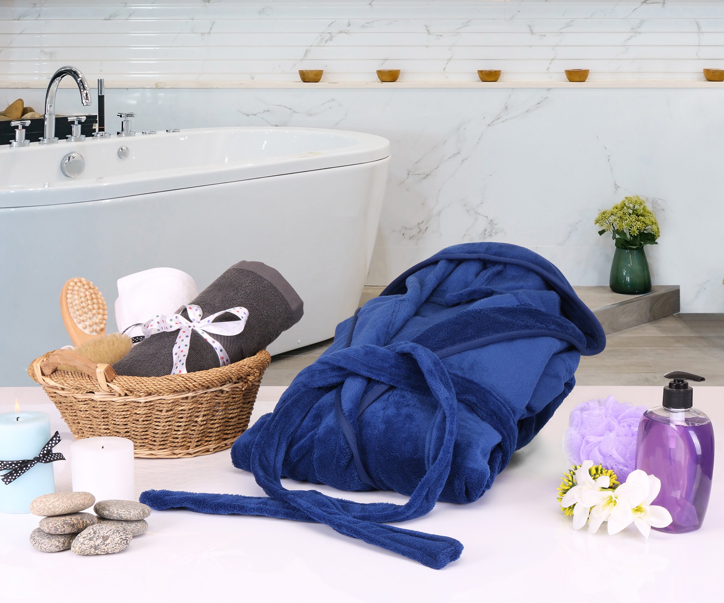 NY Threads Mens Hooded Fleece Bathrobe Plush Long Spa Robe Pack of 1, 2X-Large/3X-Large, Navy