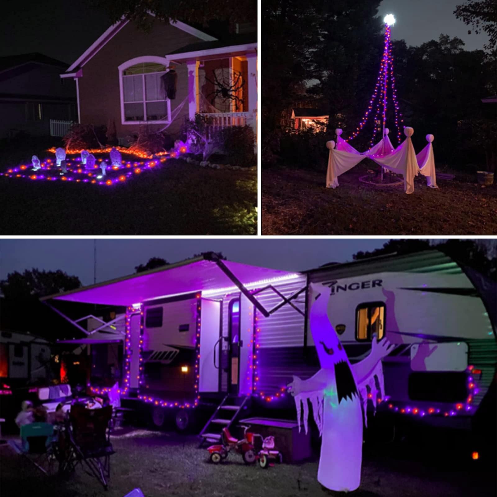 SANJICHA Orange and Purple Solar Halloween Lights Outdoor Waterproof, 4-Pack 132 FT 400 LED Solar String Lights Black Wire 8 Modes Solar Fairy Lights for Festive Decoration Tree Horror Party