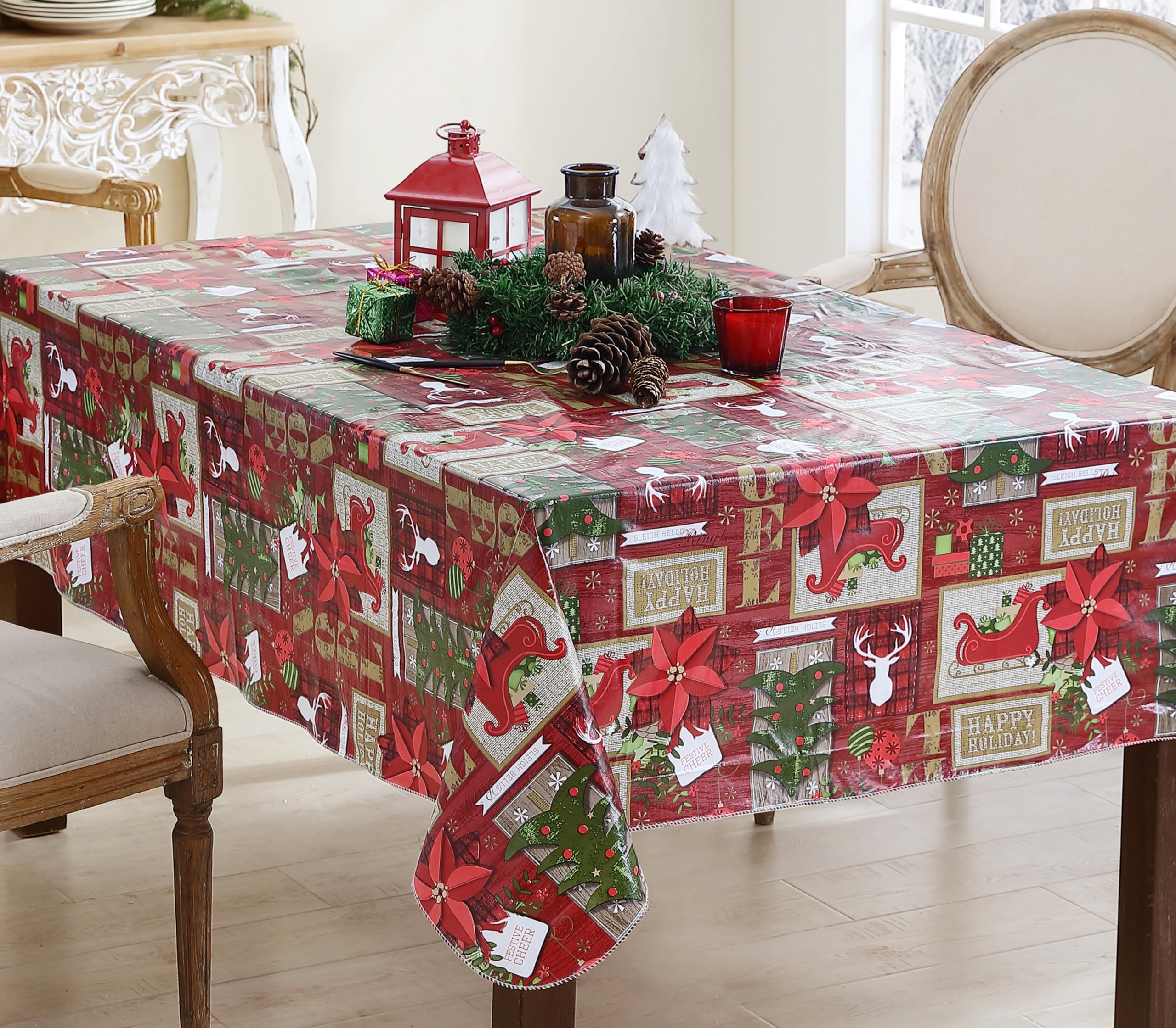 Newbridge Red Sleigh Bells Ring Country Rustic Vinyl Flannel Back Vinyl Christmas Tablecloth, Moose Antlers, Sleighs and Festive Xmas Wipe Clean Tablecloth, 52 Inch x 70 Inch Oblong/Rectangle