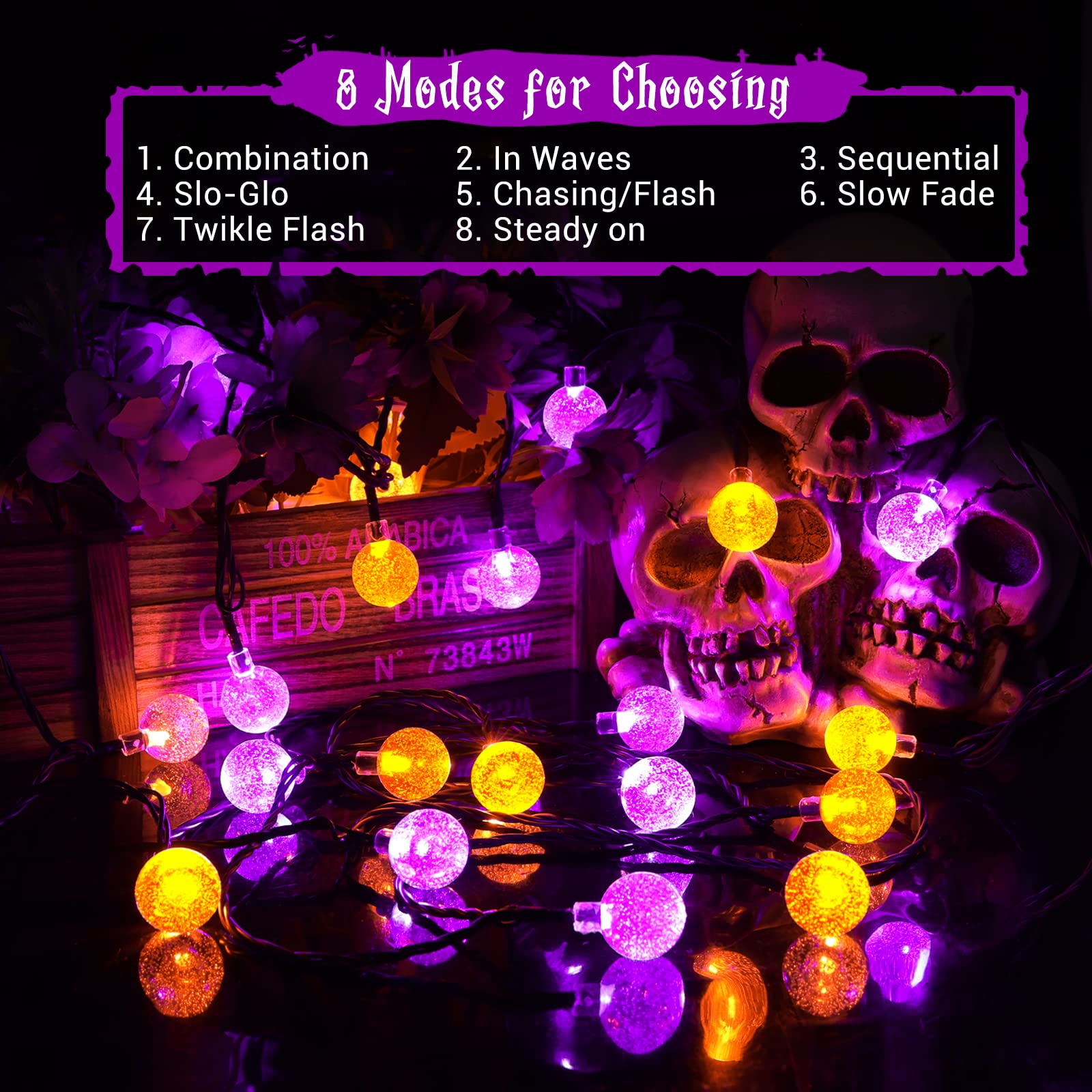 Lomotech Orange Purple Solar Halloween Lights, 72FT 100 LED Halloween Globe Lights, 8 Modes Waterproof Halloween Lights for Halloween Decoration