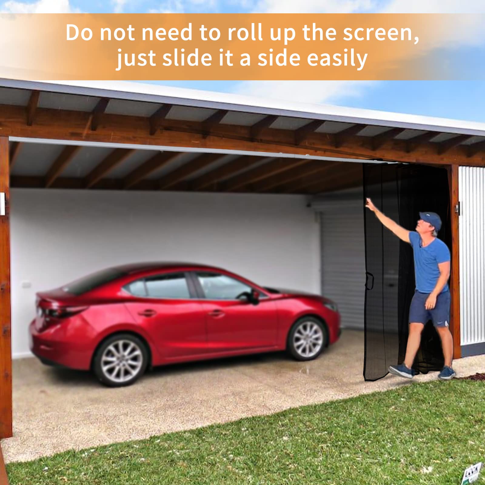 Sliding Garage Door Screen with Track Closure - Retractable Privacy Curtain Keep Annoying Animals Out Easy Install Heavy Duty Fiberglass Mesh Net for Opening Garage Patio (Black, 16 ft x 7 ft)