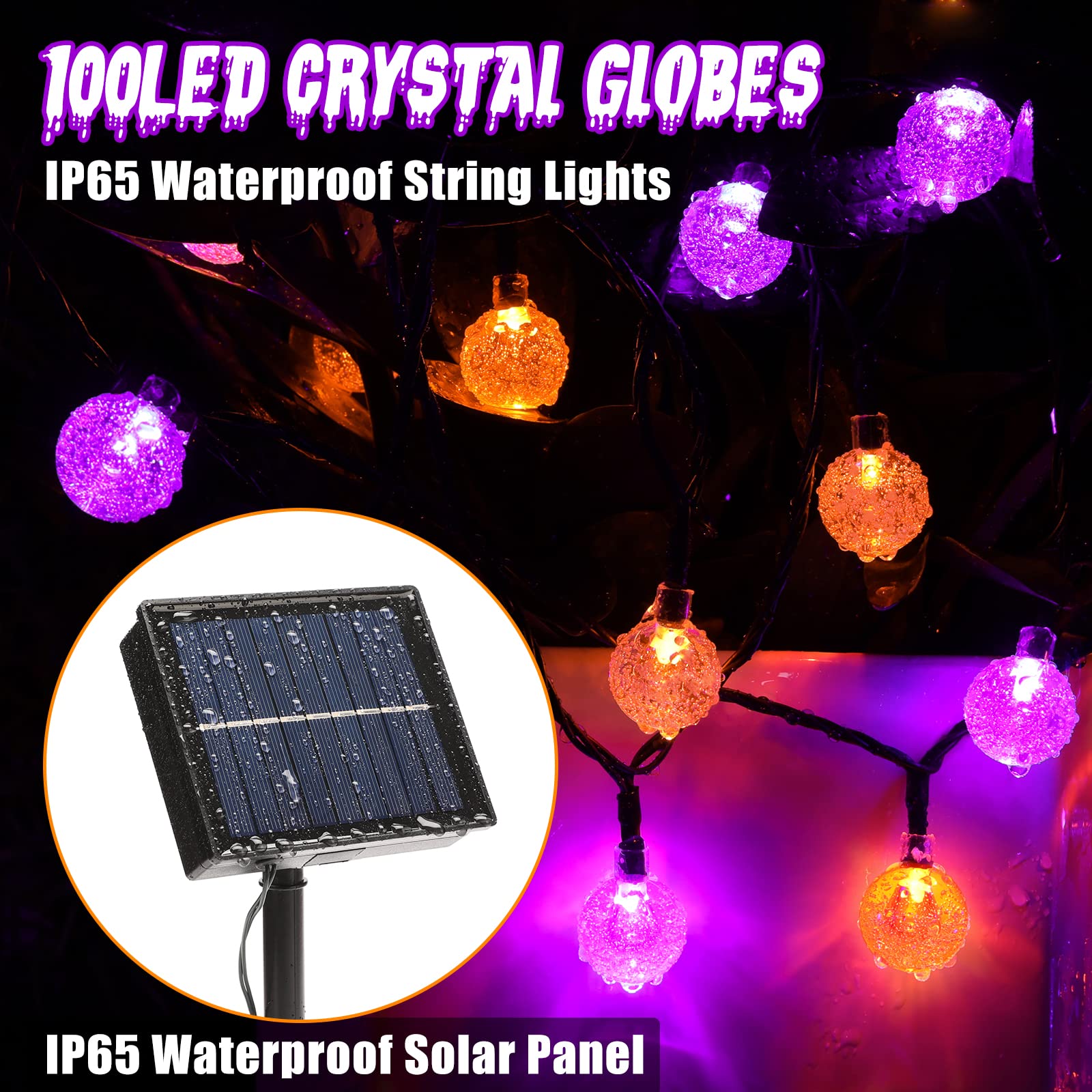 Lomotech Orange Purple Solar Halloween Lights, 72FT 100 LED Halloween Globe Lights, 8 Modes Waterproof Halloween Lights for Halloween Decoration