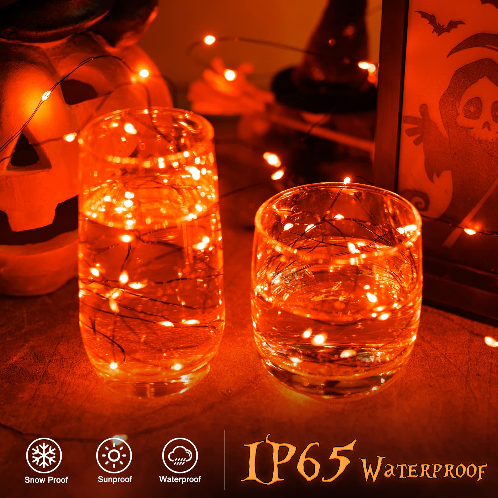 Orange Lights, 2 Packs Each 66 Feet 200 LED Solar Fairy Lights, Halloween Lights Outdoor with 8 Modes, Waterproof Twinkle Fall Lights for Patio Yard Trees Party, Black Wire