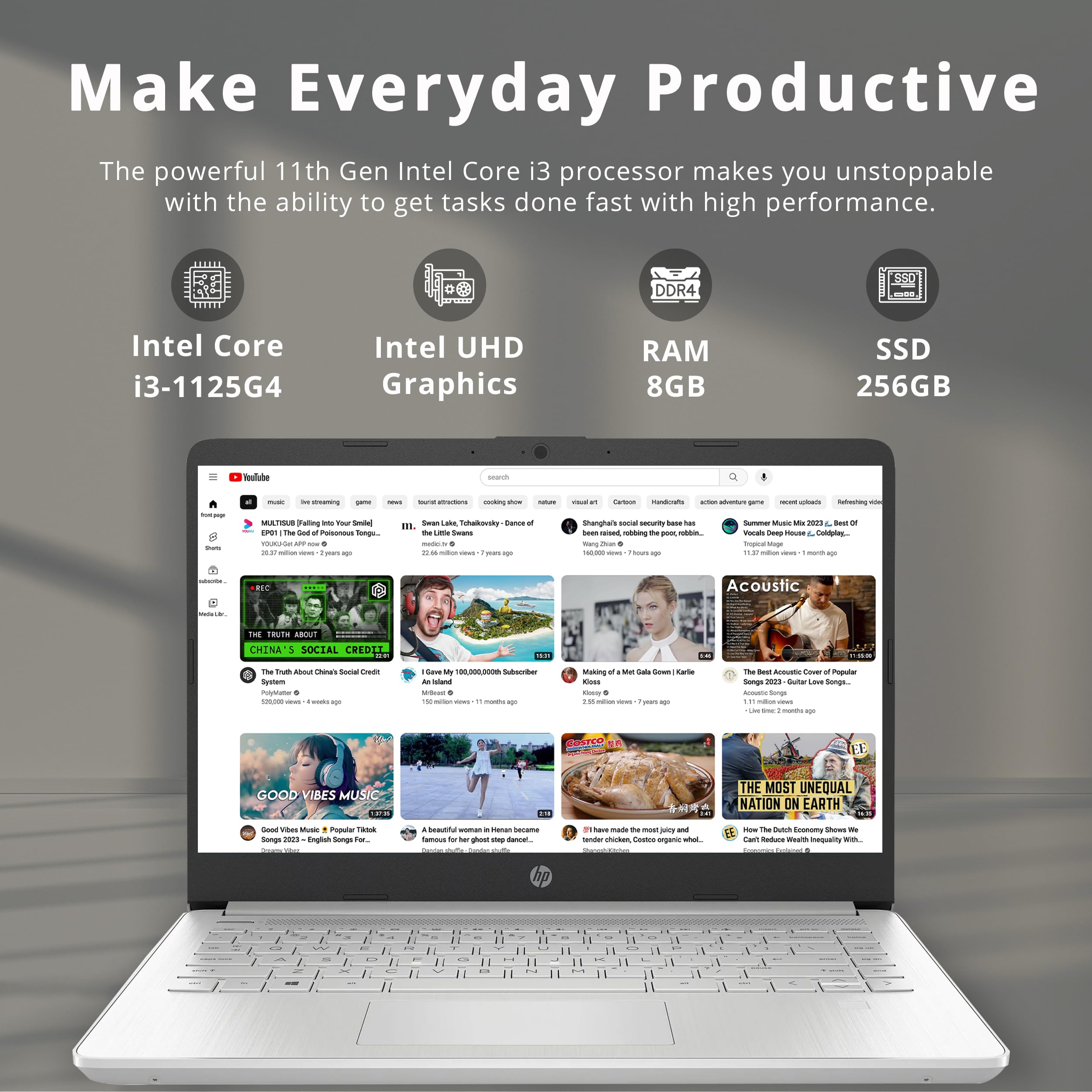 HP 14" FHD BrightView Laptop, Intel Core i3-1125G4, 8GB RAM, 256GB PCIe SSD, Intel UHD Graphics, HD Webcam, Wi-Fi 5, Bluetooth, Sliver, Win 11, 32GB USB Card
