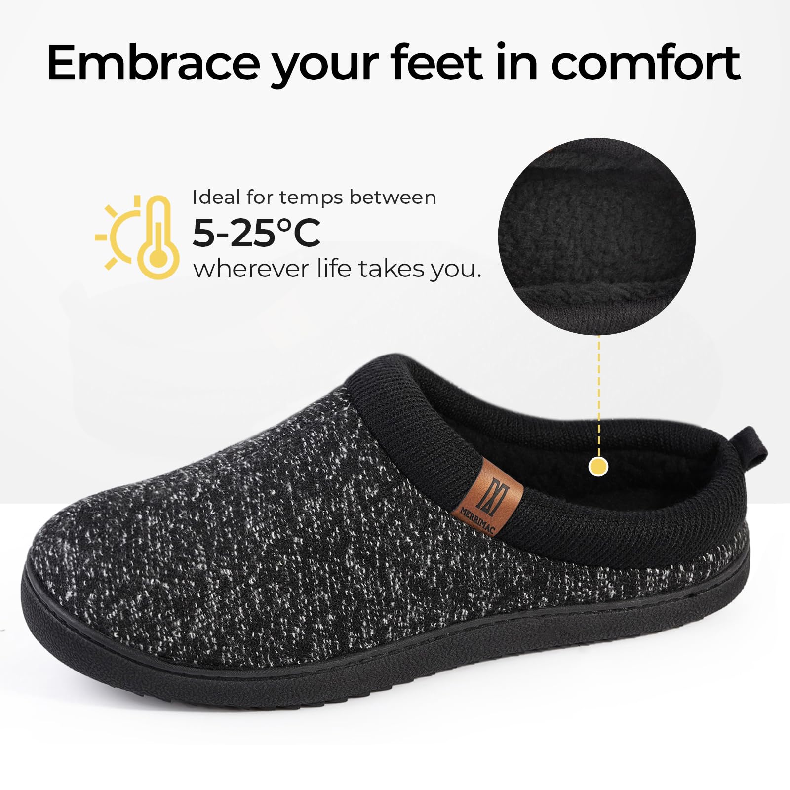 MERRIMAC Men's Slip-on Slippers Comfy Memory Foam Non-slip Indoor House Shoes Black,10-11 US