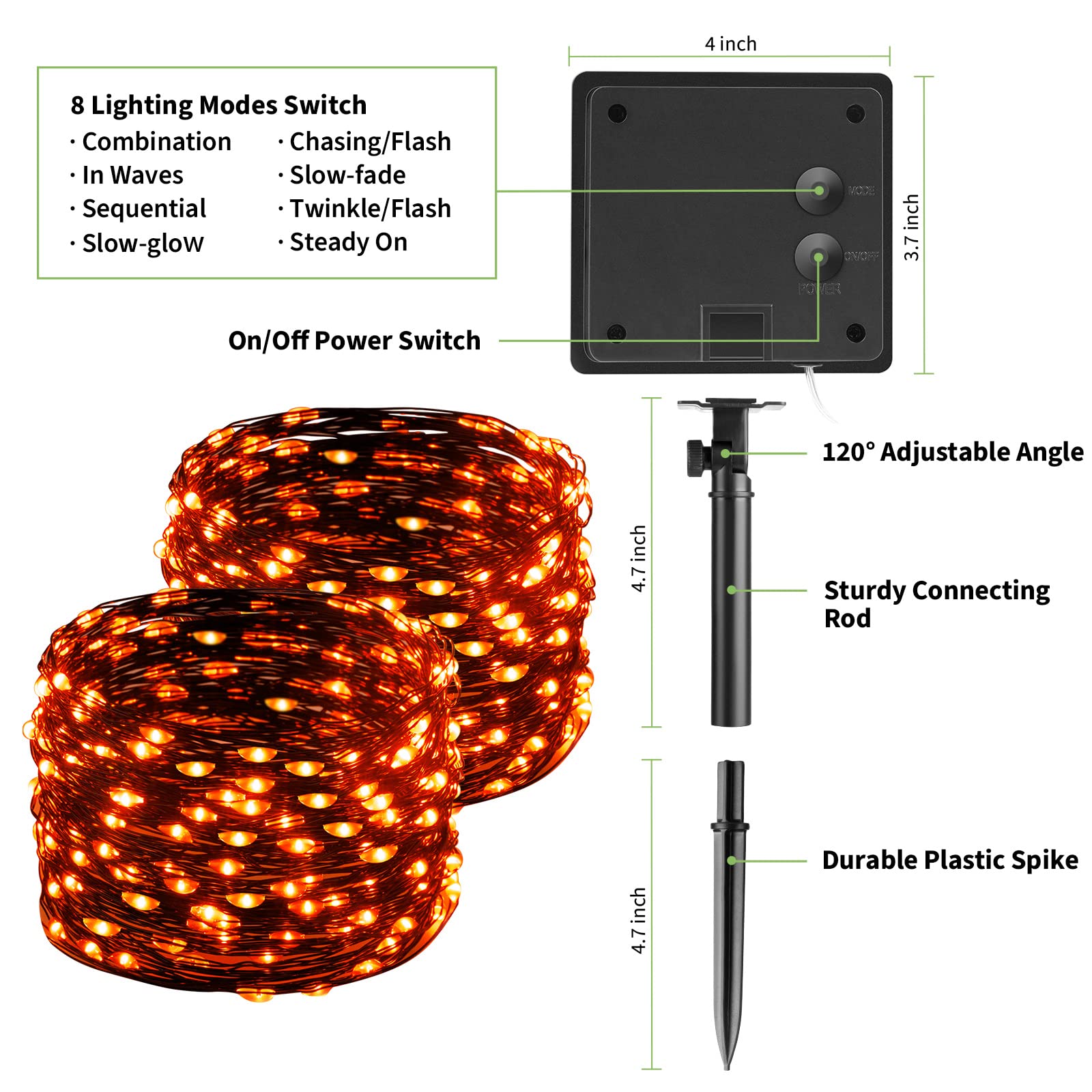 Orange Lights, 2 Packs Each 66 Feet 200 LED Solar Fairy Lights, Halloween Lights Outdoor with 8 Modes, Waterproof Twinkle Fall Lights for Patio Yard Trees Party, Black Wire