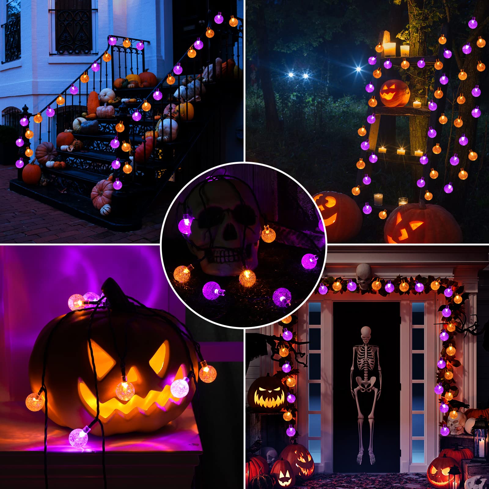 Lomotech Orange Purple Solar Halloween Lights, 72FT 100 LED Halloween Globe Lights, 8 Modes Waterproof Halloween Lights for Halloween Decoration
