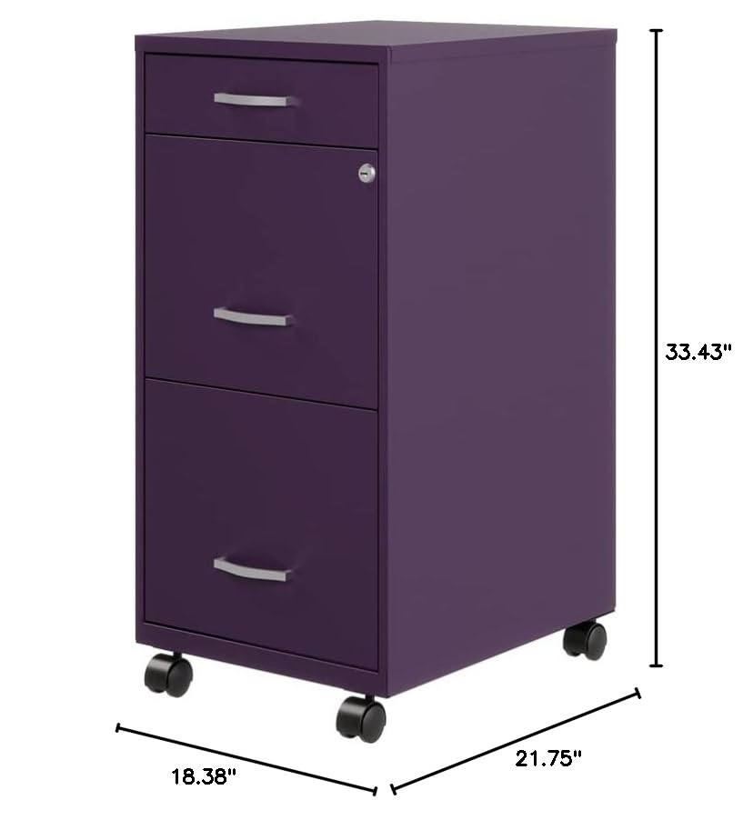 Hirsh Space Solutions 18" Deep Modern Mobile Metal Organizer File Cabinet with Cam Lock & Casters, 3-Drawer, Letter-Size, for Small Home/Home Office in Midnight Purple
