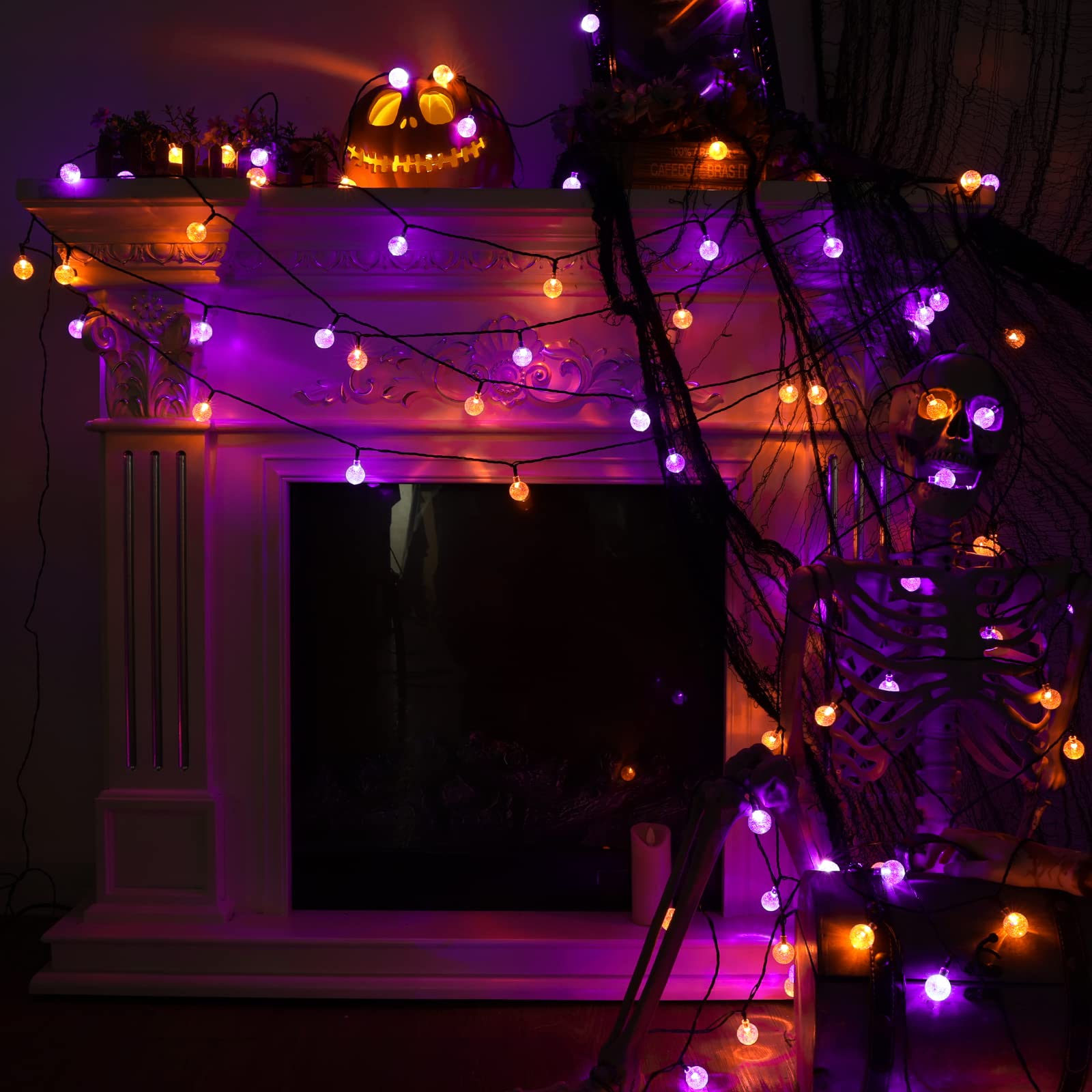 Lomotech Orange Purple Solar Halloween Lights, 72FT 100 LED Halloween Globe Lights, 8 Modes Waterproof Halloween Lights for Halloween Decoration